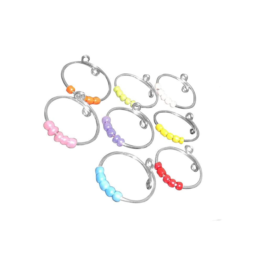 Set of 8 Boho Spinner Fidget Colorful Resin Beads Band Ring for Anxiety for Women Thin Coil Rotate Freely Inspirations Stress Relief Anti Pressure Jewelry Stacking Loop Expandable Adjustable Best Friends Dainty Birthday (Silver)