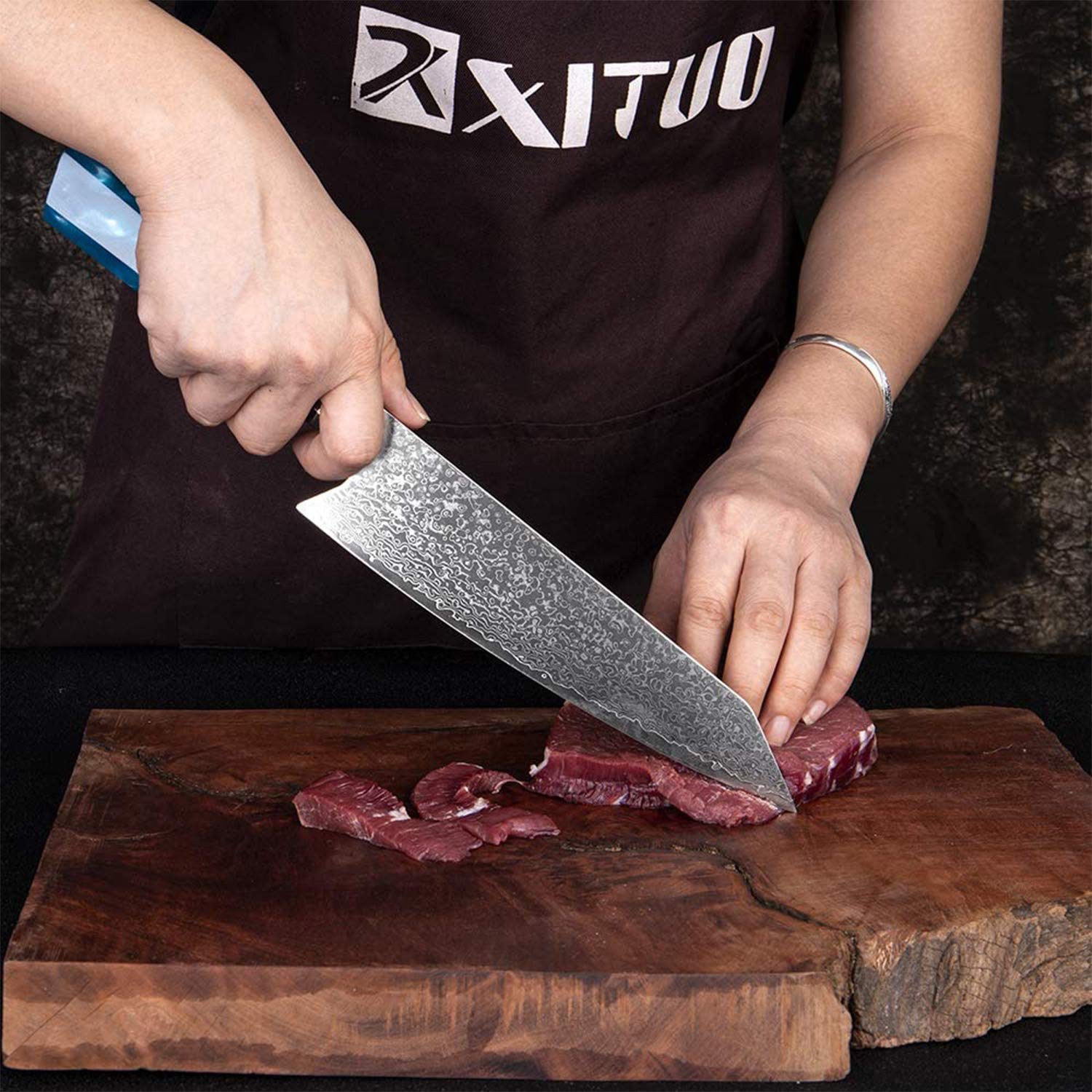 XT XITUO Kiritsuke Chef Knife,8 inch kitchen Knives Japanese VG10 Steel Damascus Kitchen Meat Sushi Cutting Cleaver Knife w/octagon Blue Resin handle Gift Box (8ββ LSZ-Kiritsuke Knife)β¦