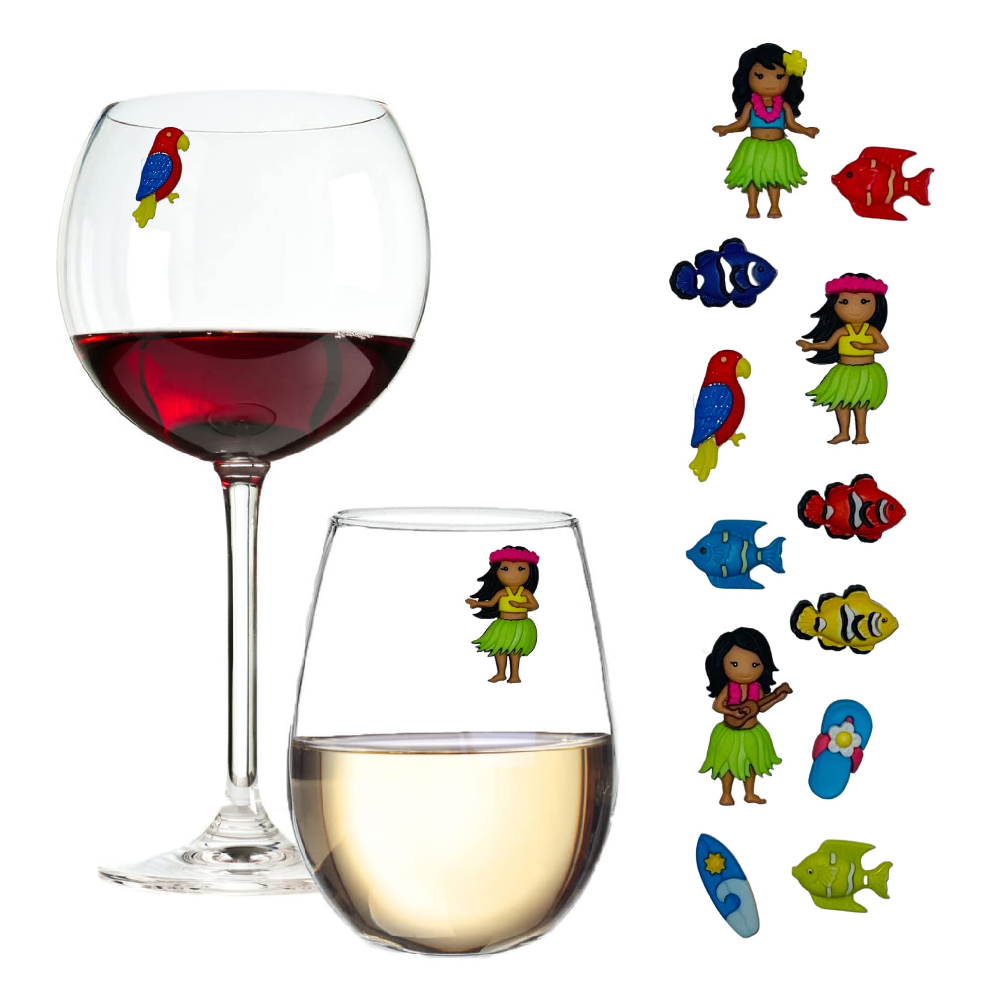 Simply Charmed Hawaiian Beach Magnet Wine Glass Charms - Set of 12 Drink Markers for Stemmed or Stemless Glasses
