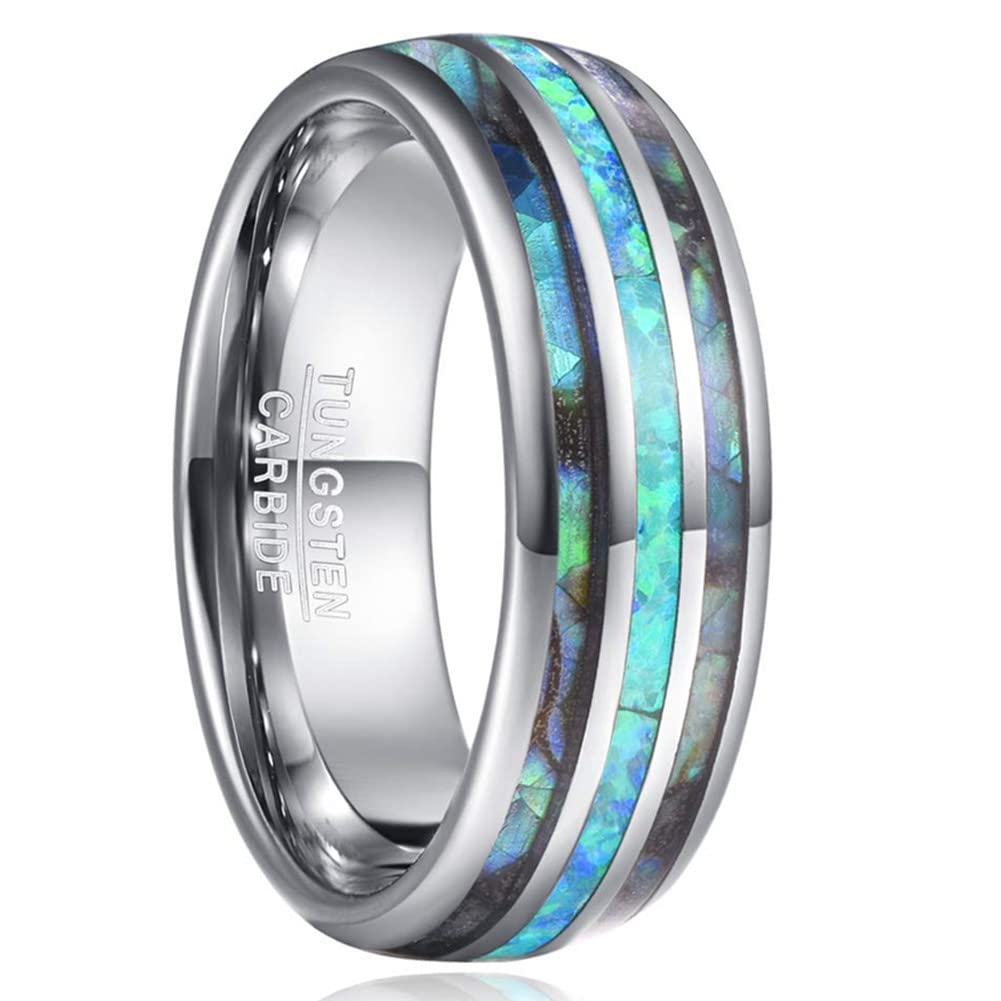 NUNCAD 8mm Tungsten Carbide Wedding Ring Polished Finish Green Opal and Abalone Shell Inlay Comfort Fit Sizw 6.5