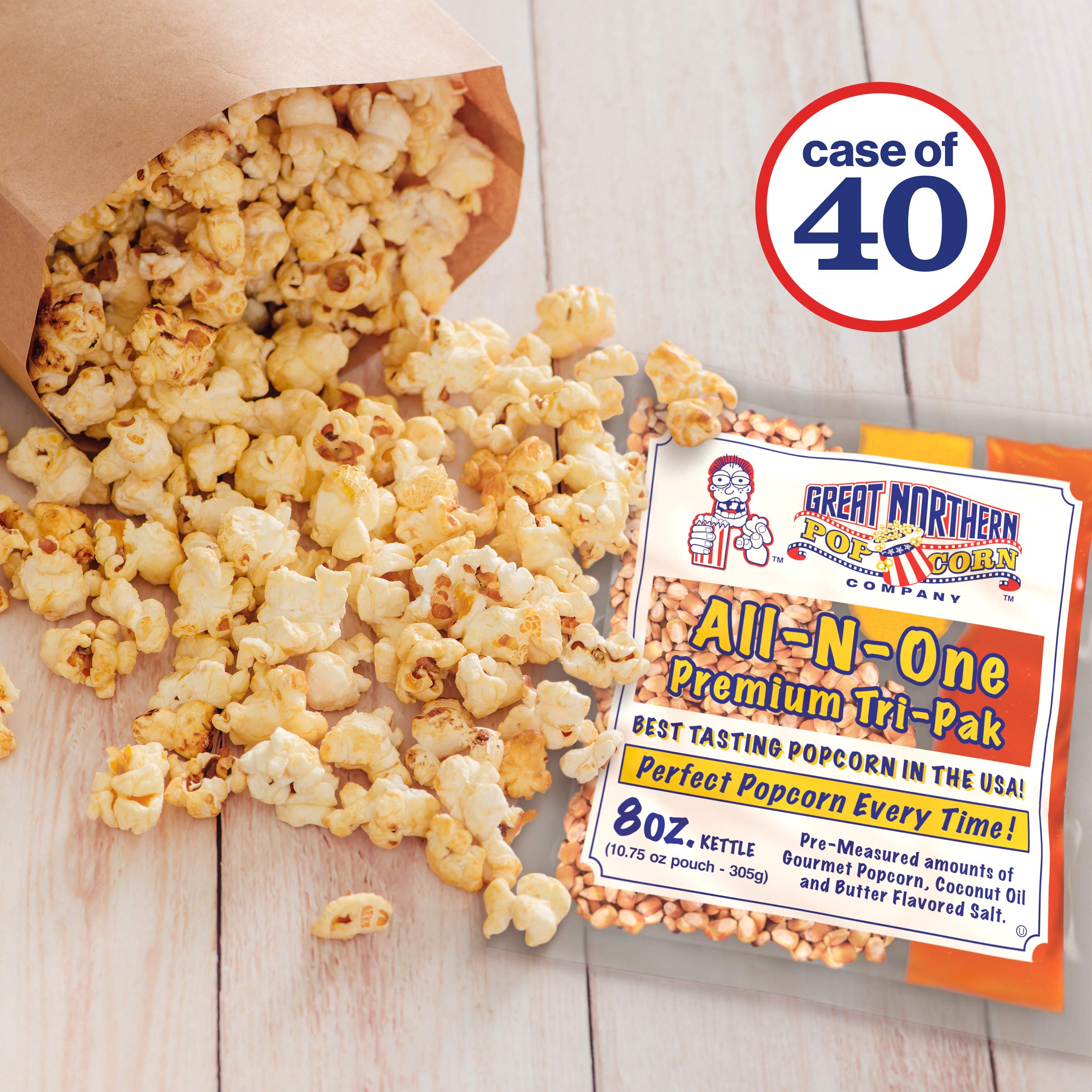 Movie Theater Style 40-Count Popcorn Packs - Pre-Measured 8-Ounce All-in-One Kernel, Salt, Oil Packets for Popping Machines by Great Northern Popcorn
