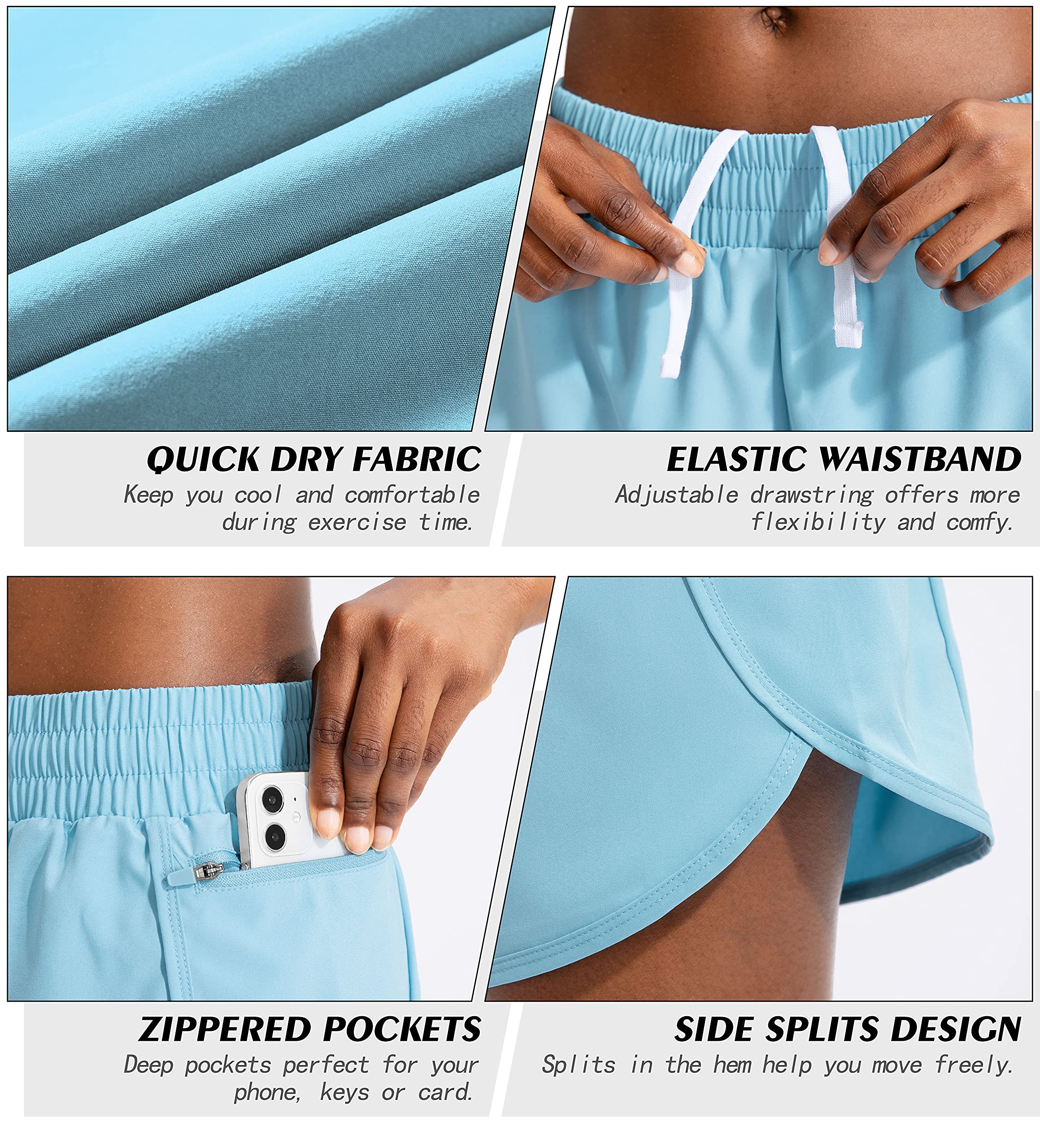Soothfeel Womens Running Shorts with Zipper Pockets High Waisted Athletic Gym Workout Shorts for Women with Liner Light Blue