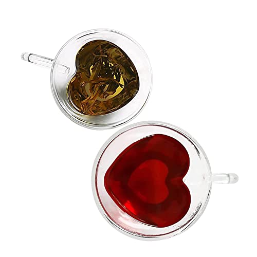 VEOOJRFEY 2 Pcs/Set Heart Shaped Double Wall Insulated Glass Milk Lemon Juice Cup Tea Cups Lover Coffee Mug Drinkware for Home Party Birthday Gifts