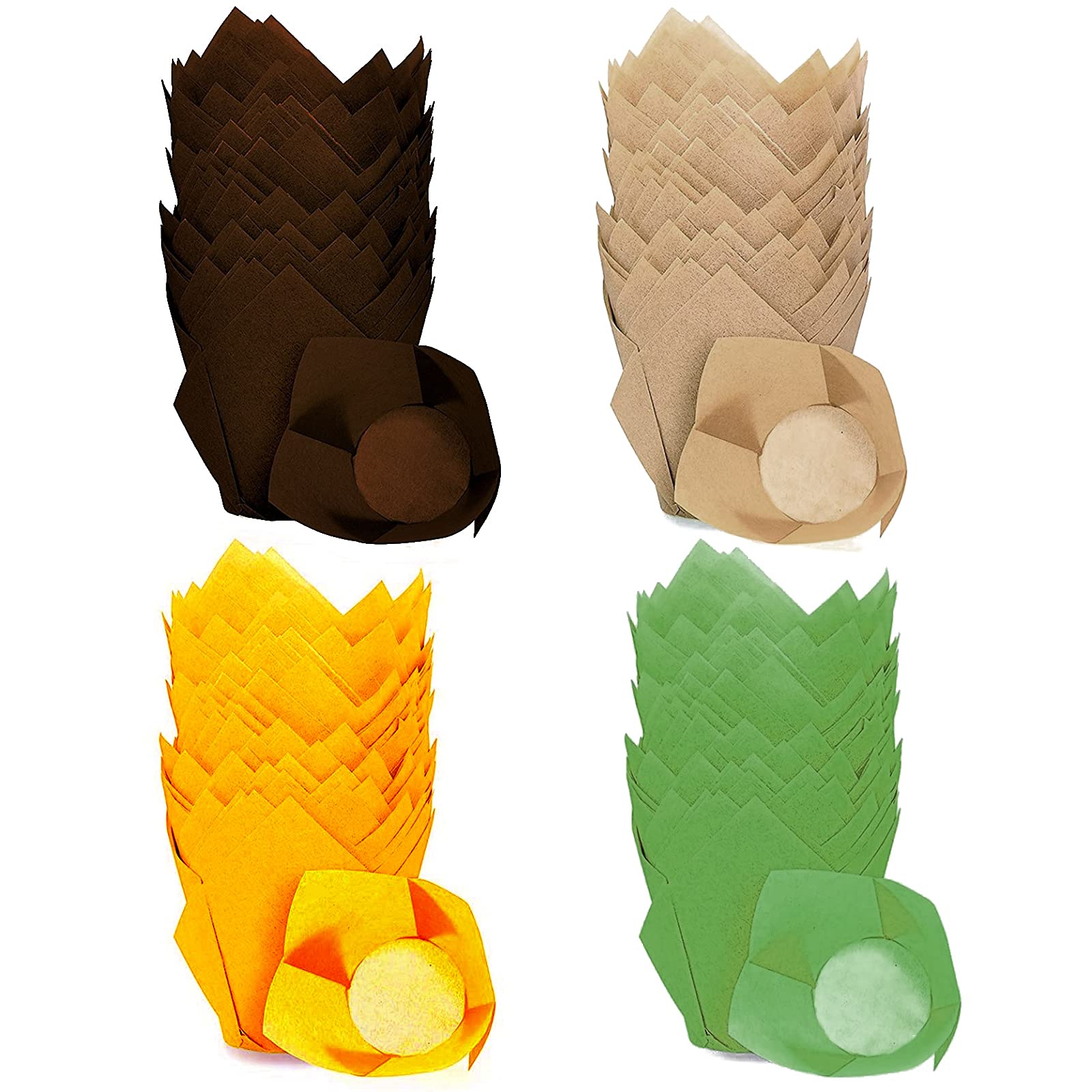 Tulip Cupcake Liners,200Pcs Parchment Paper Muffin Liners for Baking, Non Stick Cupcake Wrappers for Cup Cake, Weddings, Birthdays and Party, Christmas (Brown-Natural-Yellow-Green Mixed)