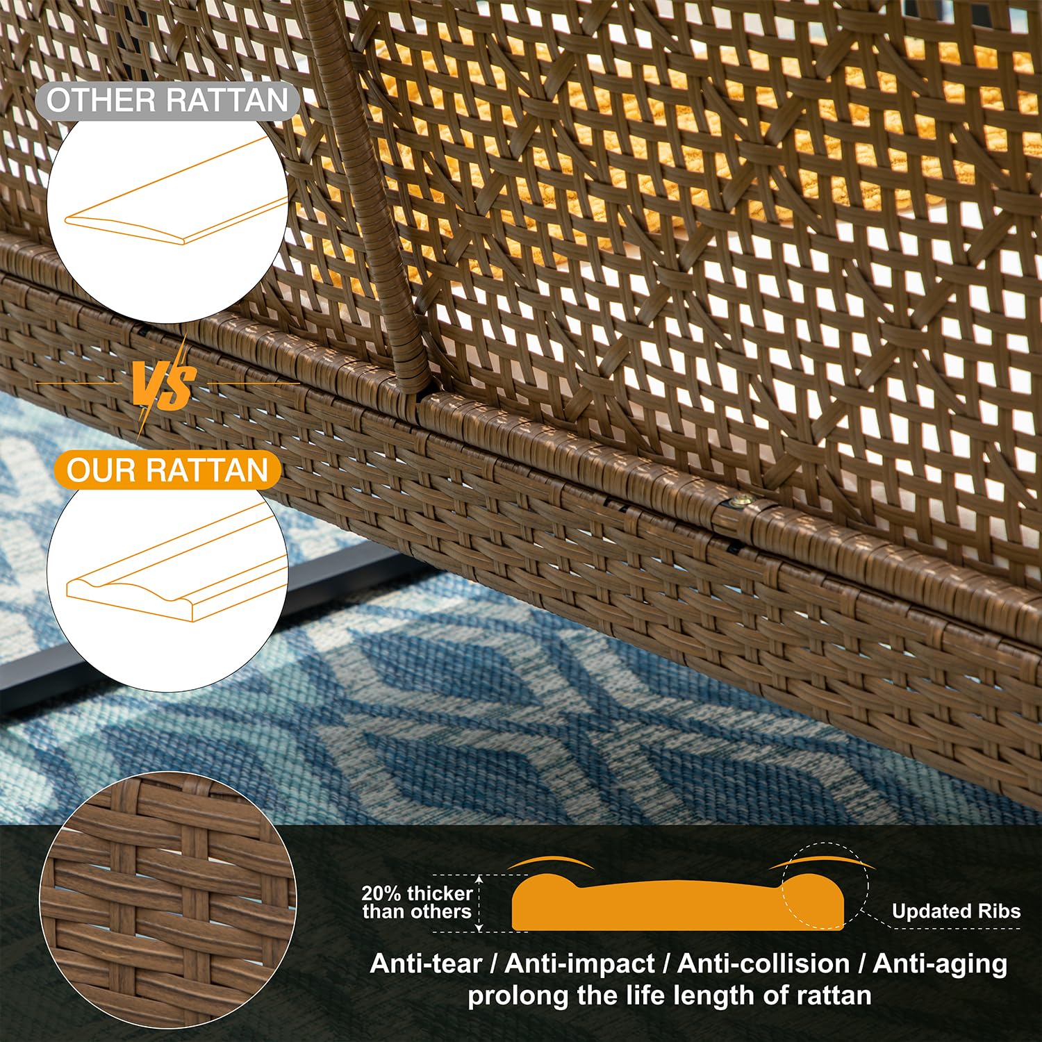 MFSTUDIO 4-Piece Patio Wicker Furniture Set, Outdoor Rattan Conversation Sofa Set for Small Spaces with Rattan Loveseat and Chairs, Solid Wood Table, Soft Beige Cushions, Backyard, Porch