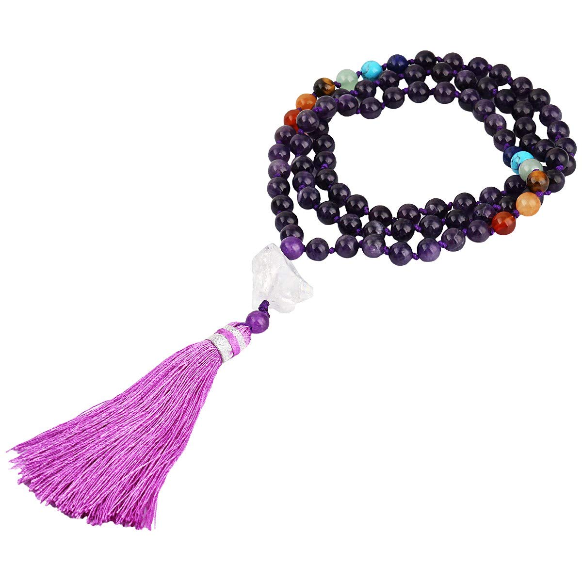 Nupuyai 8mm Mala Prayer Stone Beads Bracelet, 7 Chakra Meditation Healing Necklace with Tassel and Irregular Sstone