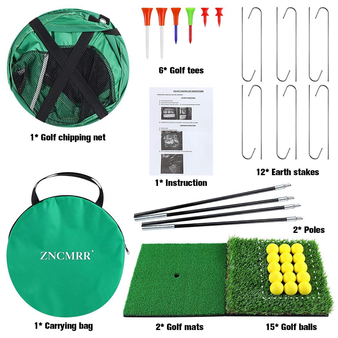 Pop Up Golf Chipping Net, Indoor/Outdoor Golfing Target Net Collapsible Portable Golf Hitting Net with 15 Training Balls and 2 Hitting Mats for Backyard Driving and Swing