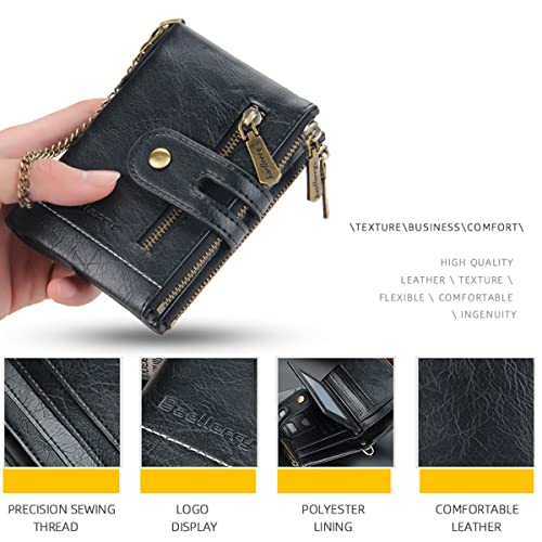 SUMGOGO Wallets for Men Bifold Leather Wallets with Chain RFID Blocking Double Zipper Coin Pocket Short Purse (Black)