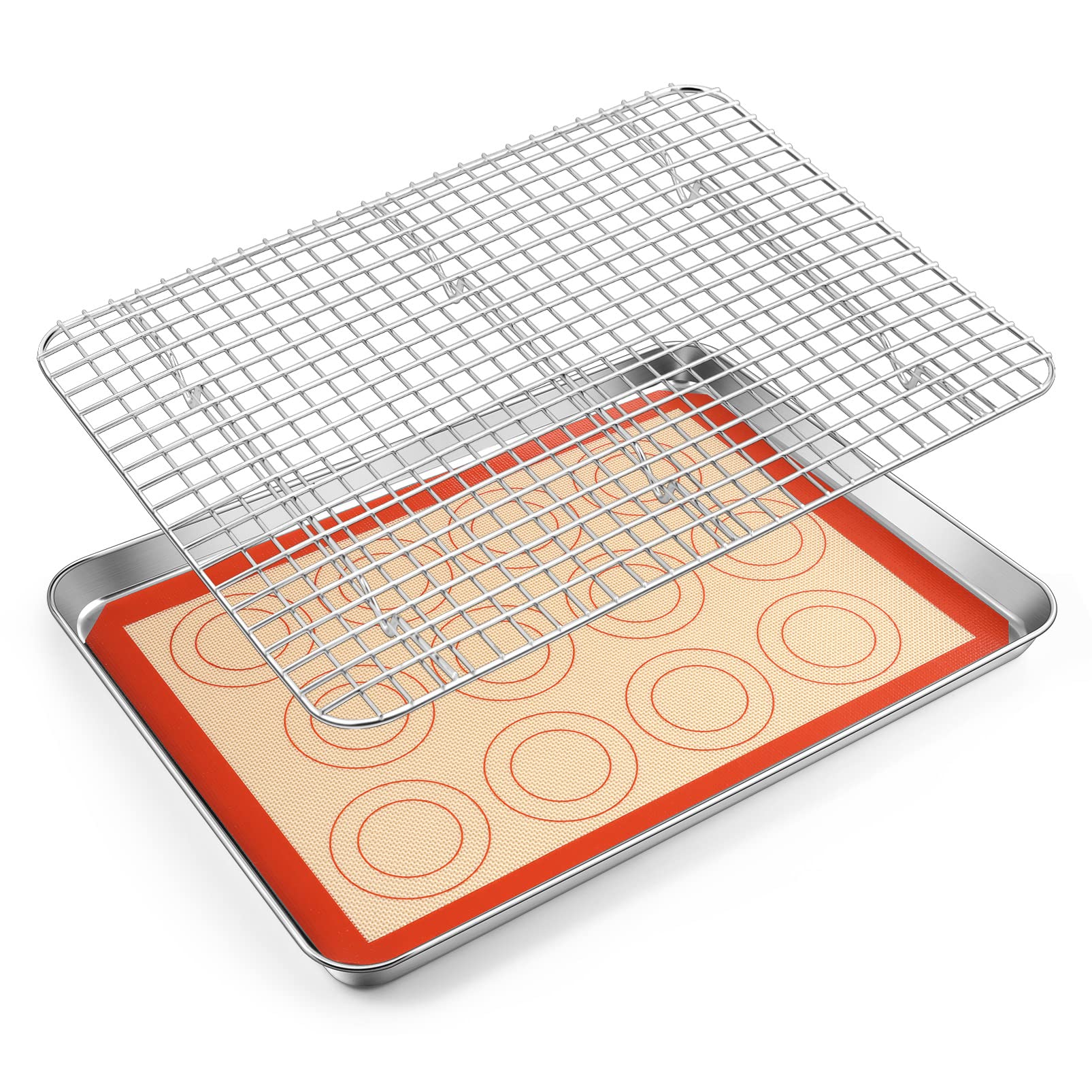 TeamFar Baking Sheet, 16ββ x 12ββ x 1ββ Stainless Steel Baking Cookie Sheet Pan with Cooling Rack & Silicone Mat Set for Oven, Non-toxic & Healthy, Dishwasher Safe & Easy Clean β Set of 3