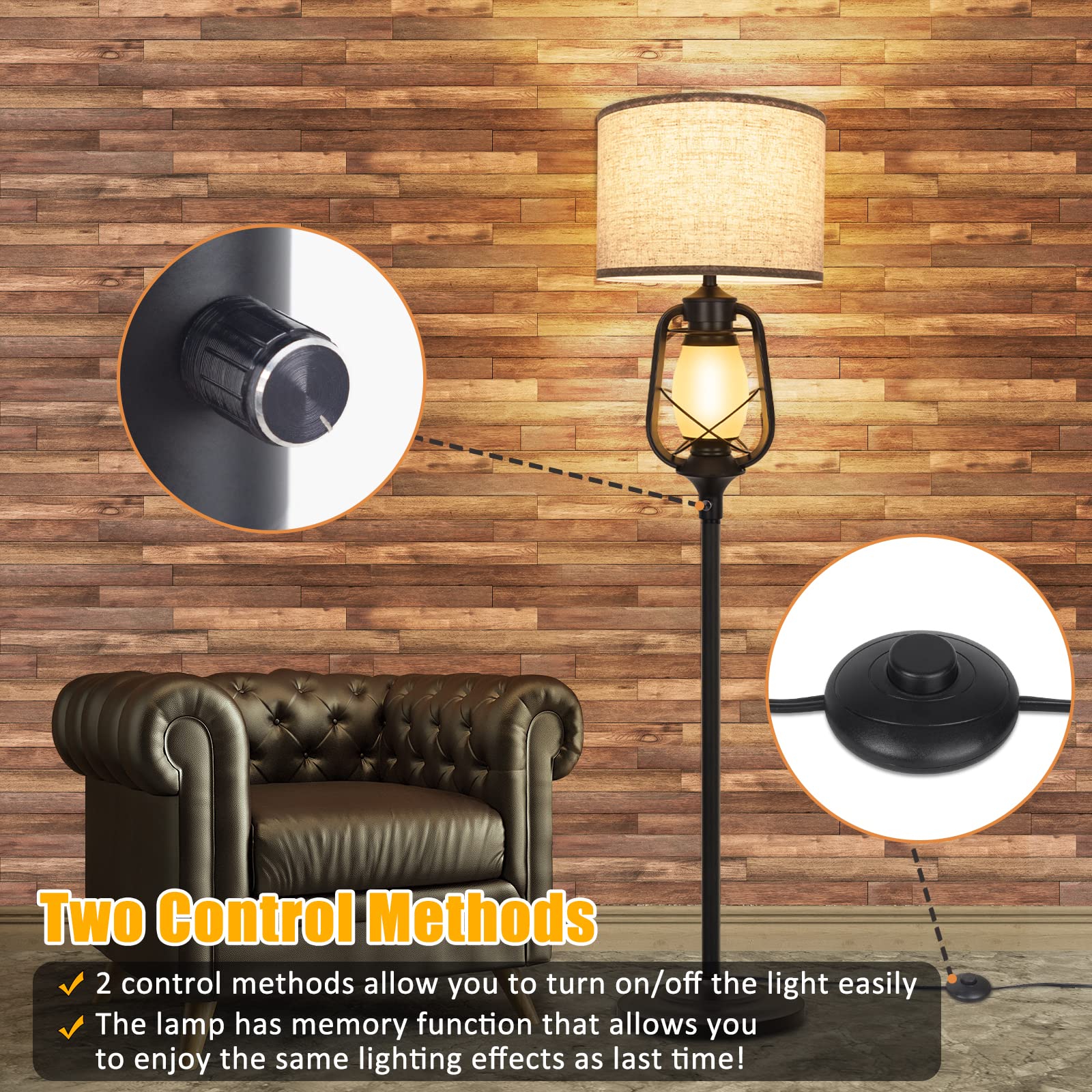 Rustic Farmhouse Floor Lamp with LED Night Light, 2-Light Tall Standing Lamp, Vintage Pole Light with Beige Linen Drum Shade,Industrial Black Stand Up Lamp for Bedroom, Living Room, Reading, Office