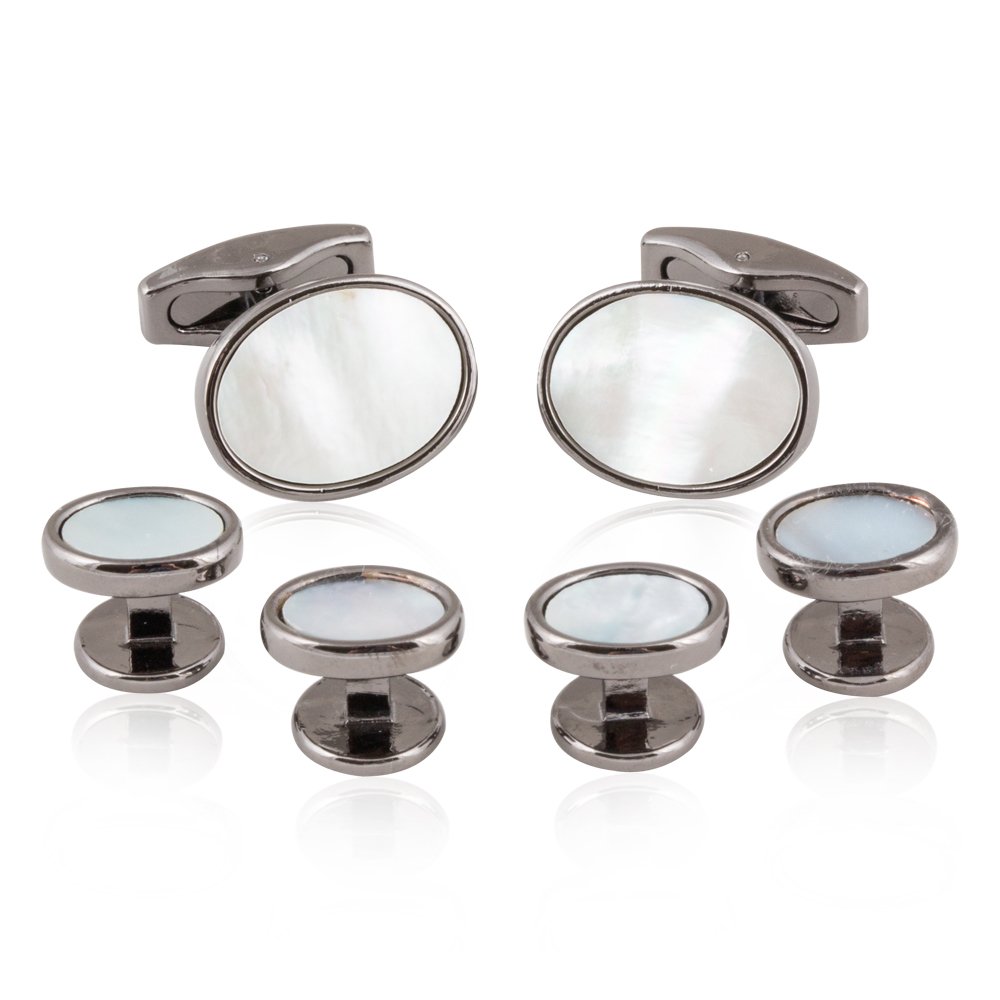 Mens Oval Gunmetal Mother of Pearl Cufflinks and Stud Set Tuxedo with Presentation Box