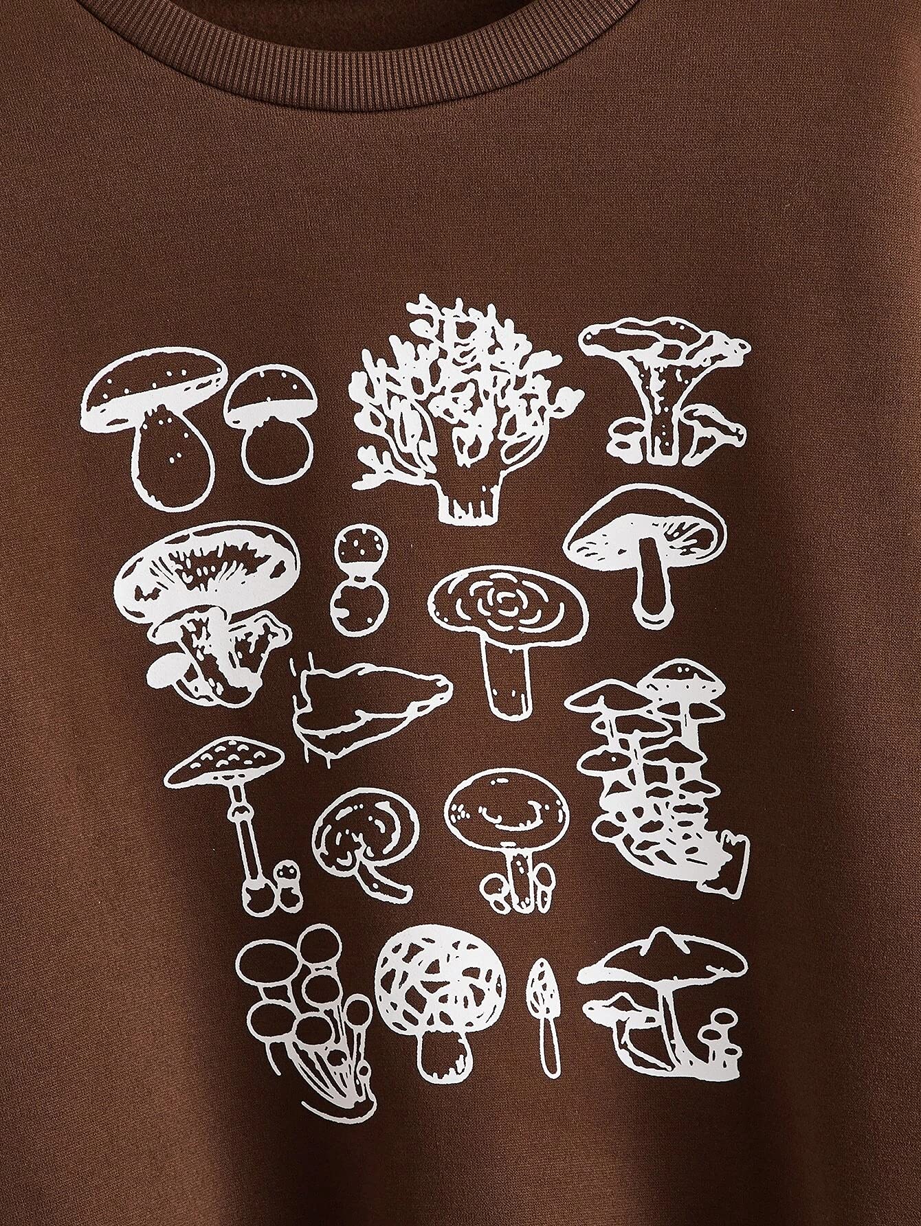 SAFRISIOR Women Mushroom Graphic Print Thermal Sweatshirt Oversized Crew Neck Long Sleeve Drop Shoulder Pullover Brown