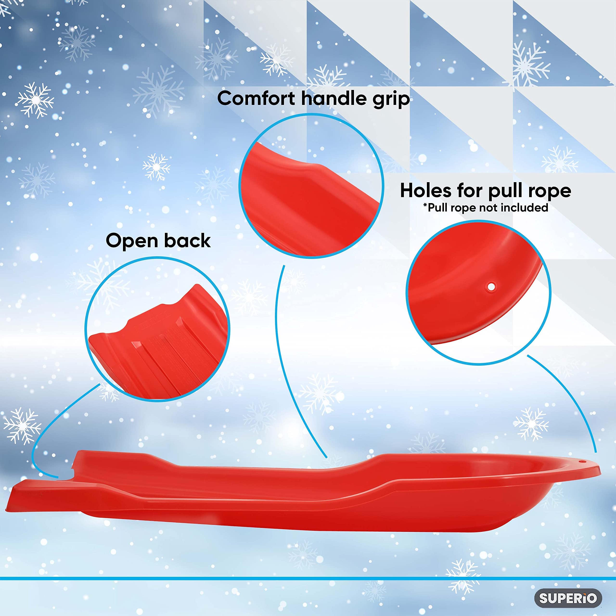 Superio Toboggan Snow Sleds, 4 Pack- 46β Plastic Open Back Slider for Kids and Adults- Heavy Duty Sleds with Holes for Pull Ropes (Ropes Excluded) for Downhill Sledding, Winter Outdoor Sports, (Red)