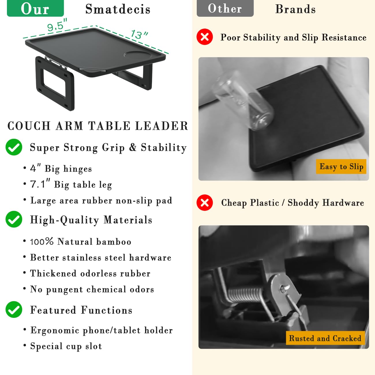 Multi-Function Arm Clip Table Tray for Couch, Sofa with Armrest Suitable for Home Drinks/Fast Food/Fruit Etc, Large Size Brown(360° Rotation - Left and Right Position Compatible)