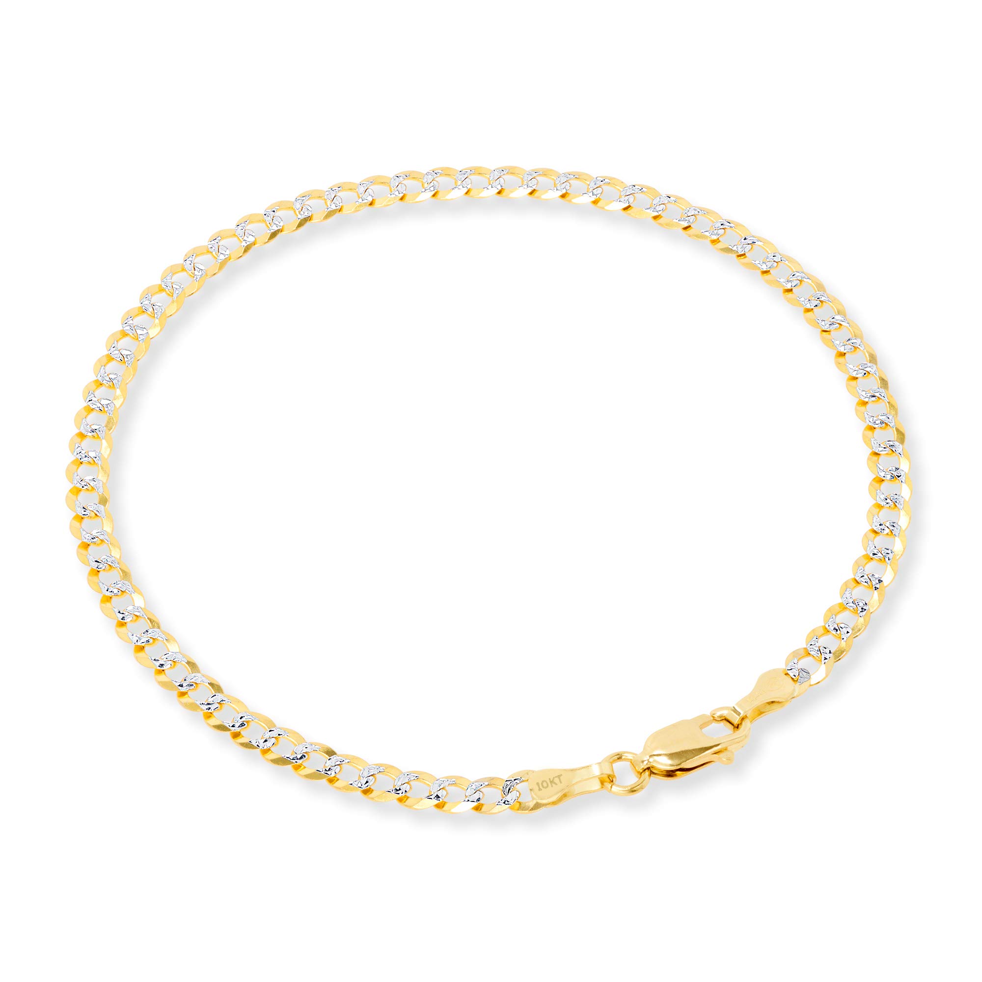 Nuragold 10k Yellow Gold Solid 4mm Cuban Chain Curb Link Diamond Cut Pave Two Tone Bracelet, Womens Mens Jewelry 7" 7.5" 8" 8.5" 9"