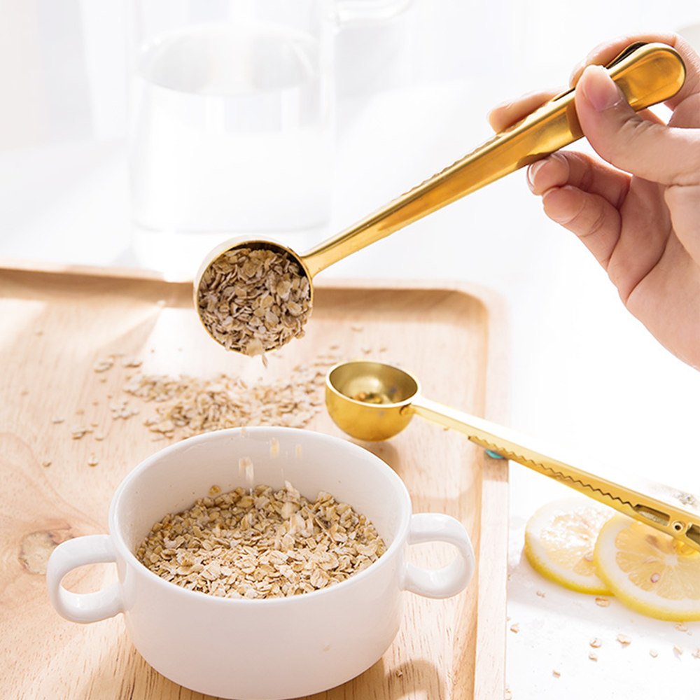 Voice on growth Coffee Scoop, Stainless Steel Golden Multi Function Coffee Measuring Spoon,Great Measuring Coffee, Tea,Protein Powder, Instant Drinks More - Perfect Coffee Spoon Bag Clip