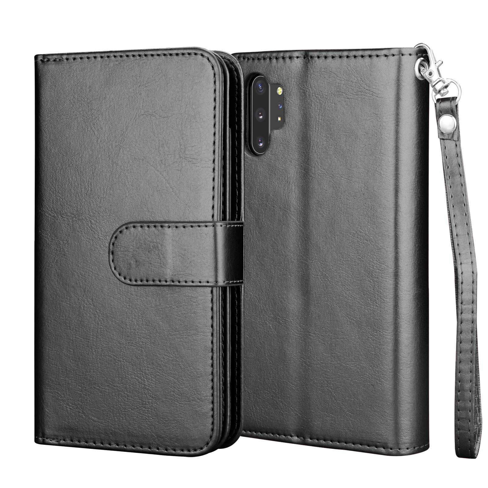 Njjex Wallet Case For Samsung Galaxy Note 10 Plus, For Galaxy Note 10+ Plus 5G Case, [9 Card Slots] PU Leather ID Credit Holder Folio Flip [Detachable] Kickstand Magnetic Phone Cover & Lanyard [Black]