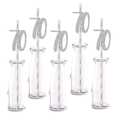 Silver Happy 70th Birthday Straw Decor, Silver Glitter 24pcs Cut-Out Number 70 Party Drinking Decorative Straws, Supplies