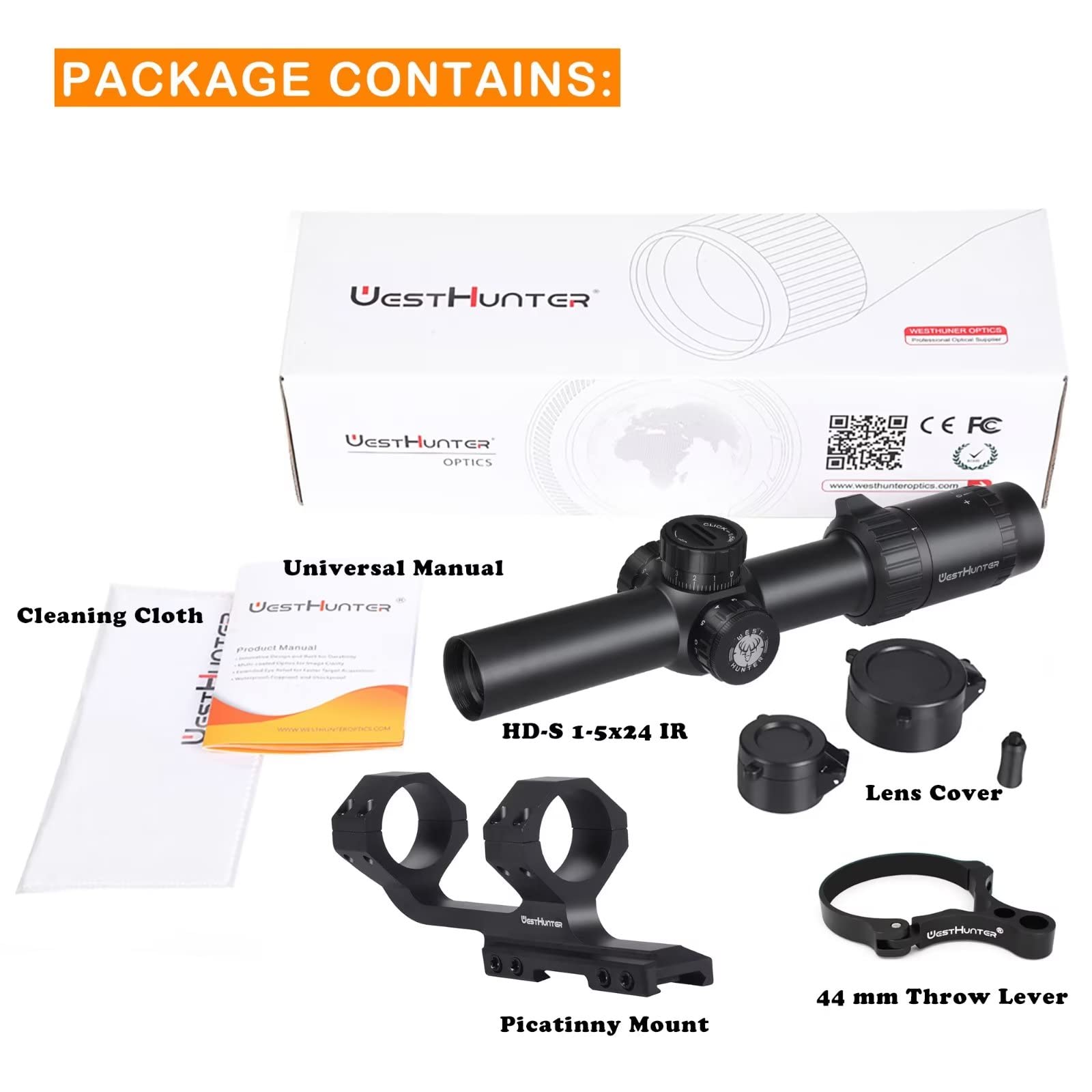 WestHunter Optics HD-S 1-5x24 IR Compact Riflescope, Red Green Illuminated Crosshair Reticle Second Focal Plane 30mm Tube Tactical Precision Shooting Scope | Picatinny Shooting Kit A