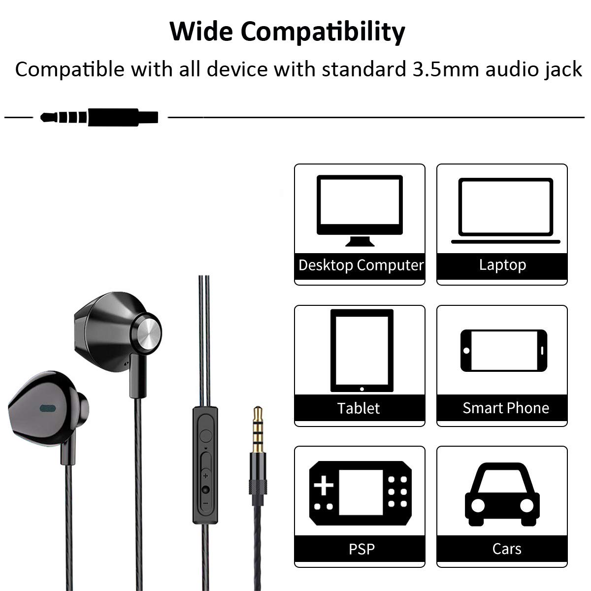 Noise Isolating in-Ear Wired Earphones Earbuds Headphones with Microphone Volume Control for 3.5mm Audio Jack Android Phones HP Dell Surface LG Toshiba laptops Tablet Chromebook (Black)