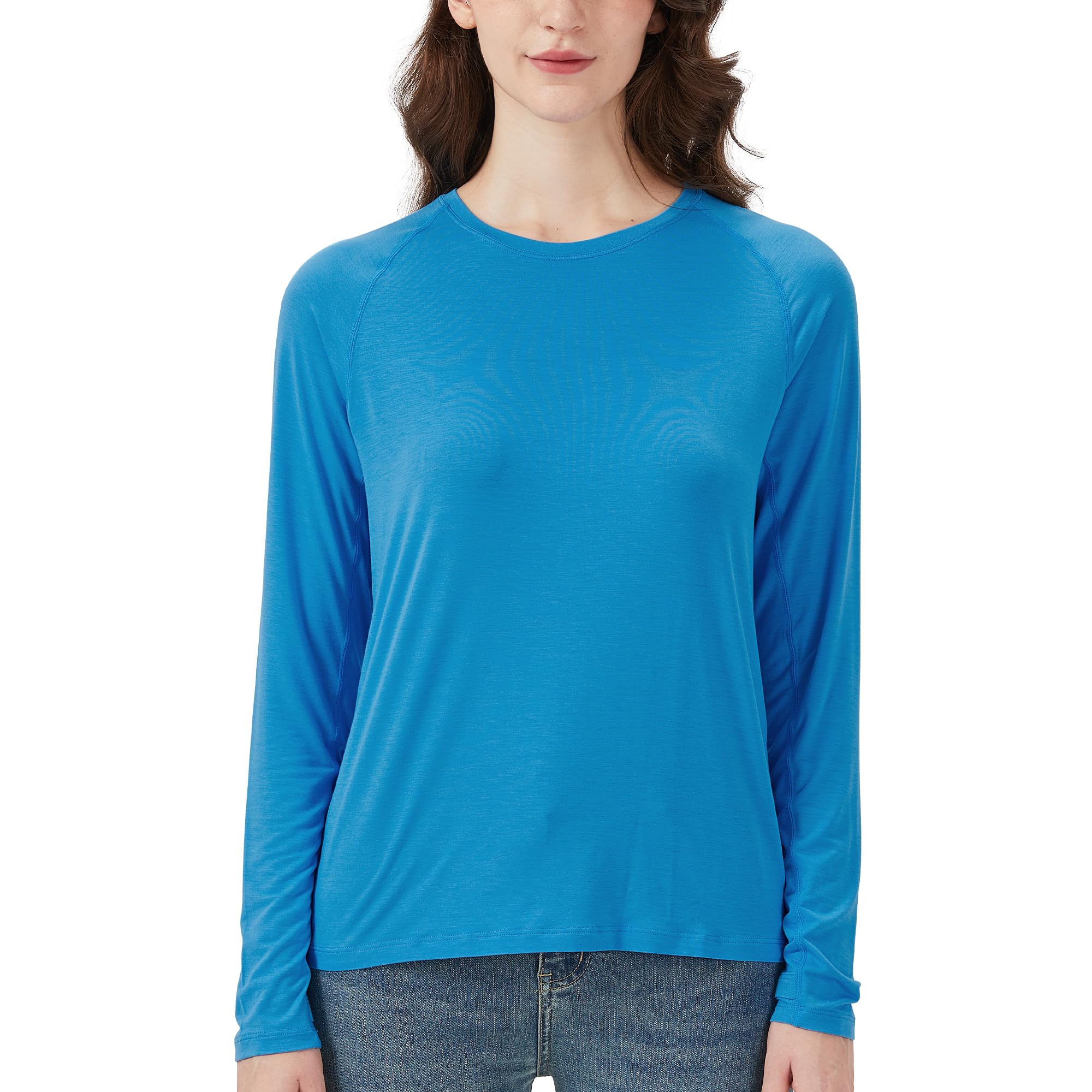 Women's Ultra Lightweight Bamboo Viscose Workout Shirt UPF 50+ Soft Outdoor Long Sleeve Hiking Tops with Thumbholes, Light Blue, X-Large