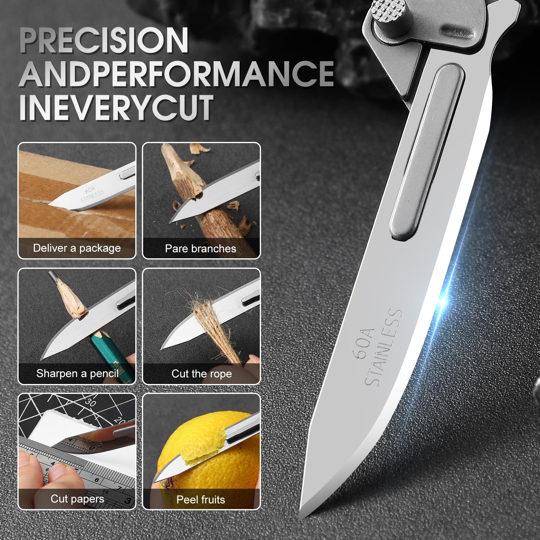 VR VIREN KNIFE Folding Scalpel Pocket Knife,EDC Utility Knife with 6pcs #60A Replaceable Blades,Outdoor Knife,Sharp Skinning Knives for Hunting, Fishing, Deer & Survival