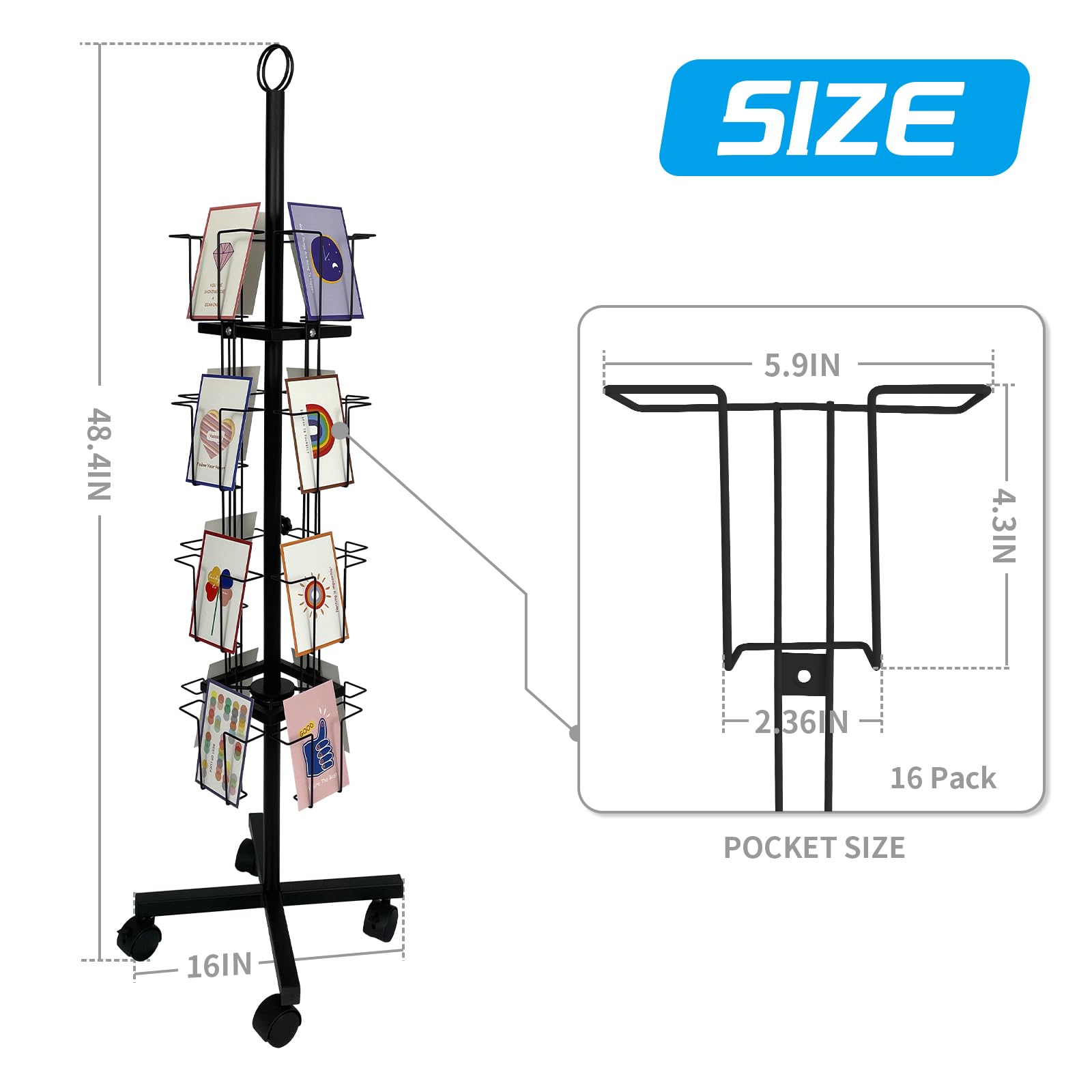 Tongmo Greeting Card Rack: Enhance Your Display with a 16-Pocket Rotating Countertop Solution for Postcards, Brochures, and Greeting Cards (Black, 48”H - 16 Pockets)