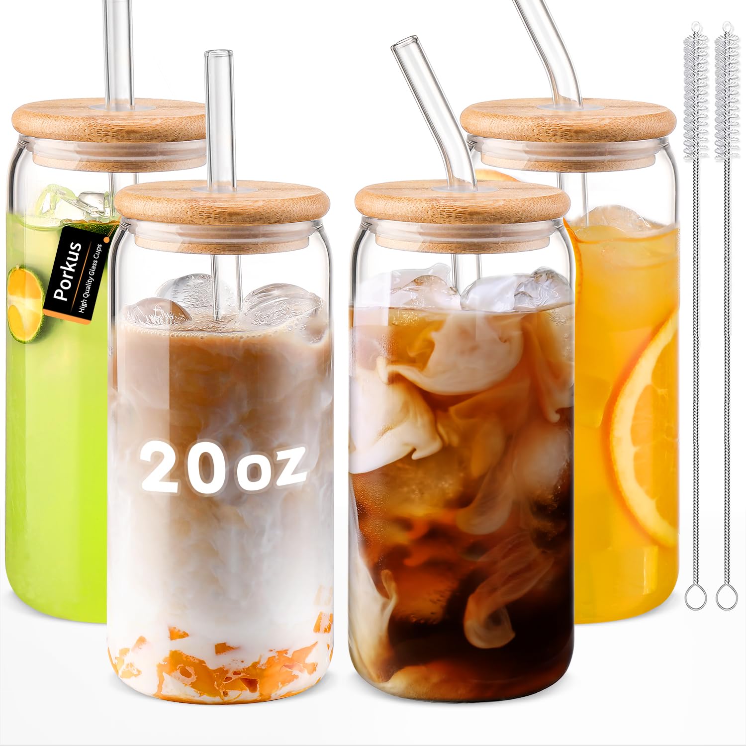 Porkus Glass Cups with Lids and Straws 4pcs Set, 20oz Glass Cups, Glass Coffee Cups, Iced Coffee Cup, Cute Tumbler Cup
