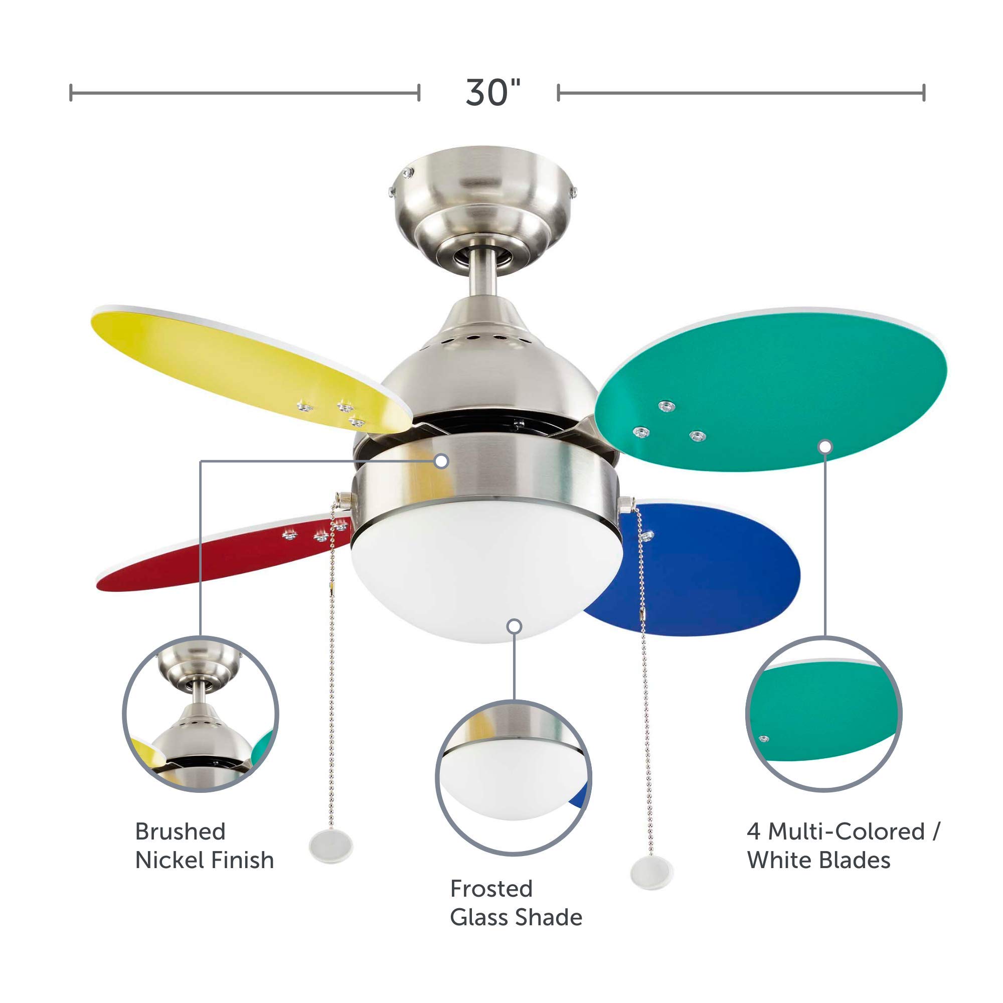 NOMA LED Ceiling Fan with Light | 4 Reversible Multi-Color or White Blades | Brushed-Nickel Finish with Frosted Glass Light Shade, 30-Inch