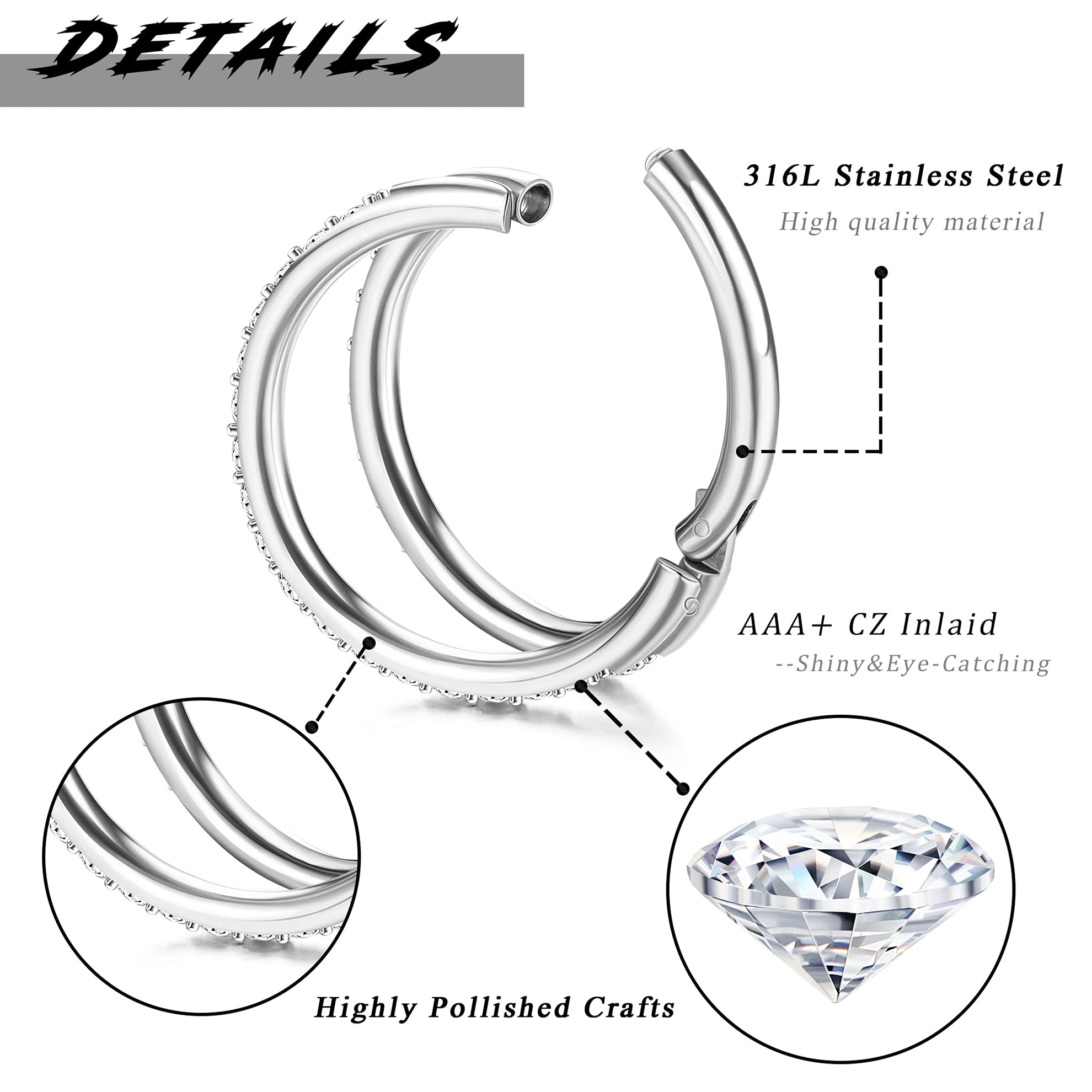 SAILIMUE 3Pcs 316L Surgical Steel Septum Clicker Nose Rings Double Open Stack Conch Daith Piercing Sleeper Earring Helix Rook Conch Cartilage Tragus Earrings Labe Nose Piercing Jewelry