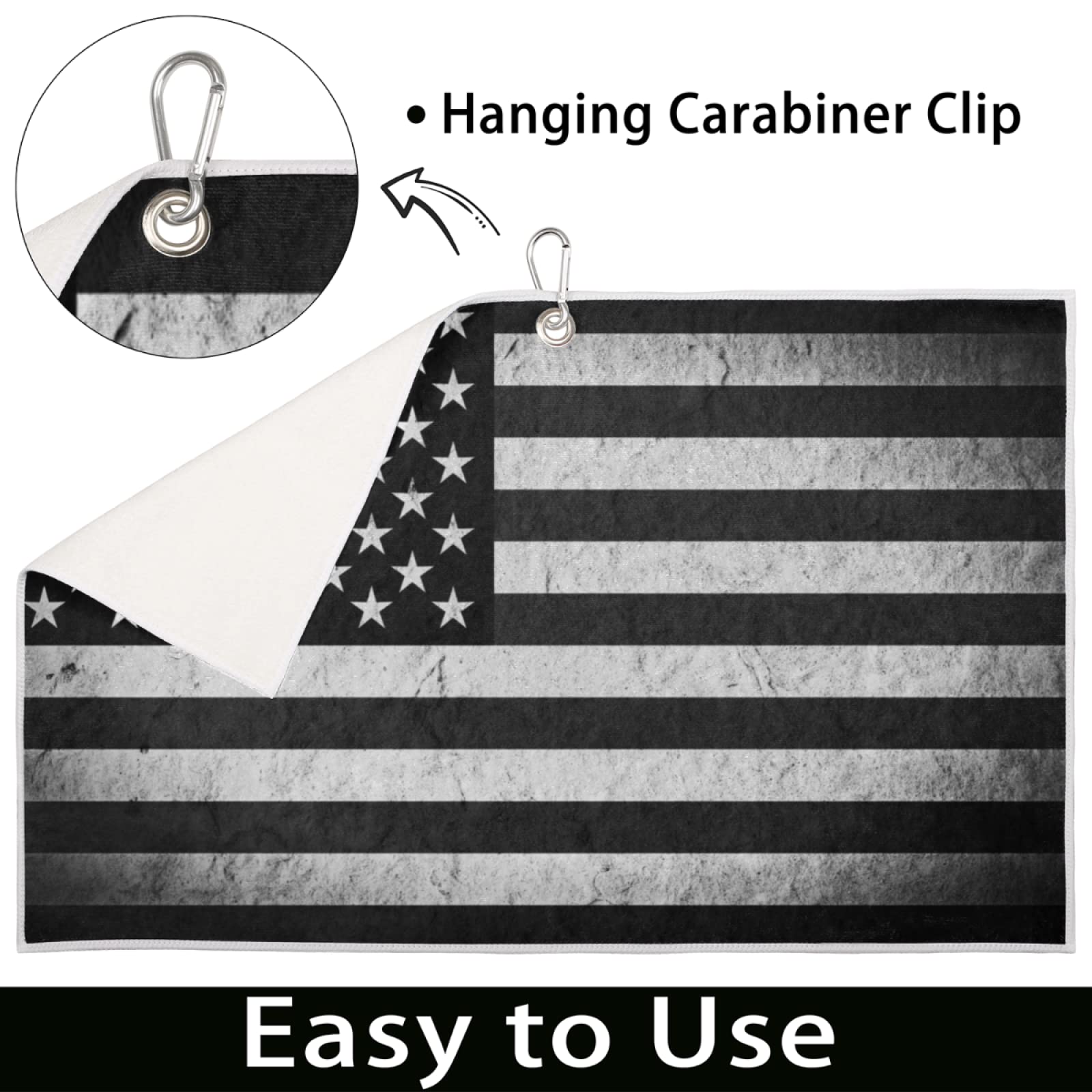 White Black American Flag Microfiber Golf Towel Breathable Quick-Drying Portable Golf Towel Machine Washable Lightweight Golf Towel for Yoga Workout Golf Sport Running 24x15in