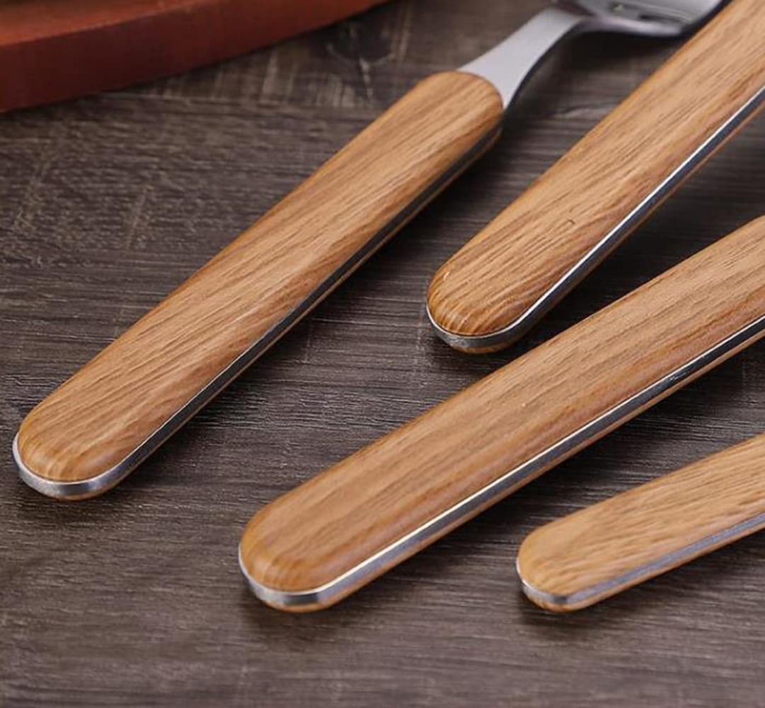 Silverware Set for 6 with Faux Wooden Handle 30-Piece Modern Stainless Steel Flatware Cutlery Set Includes Knife Fork Spoon, Eating Utensil for Home Kitchen Restaurant Mirror Polished
