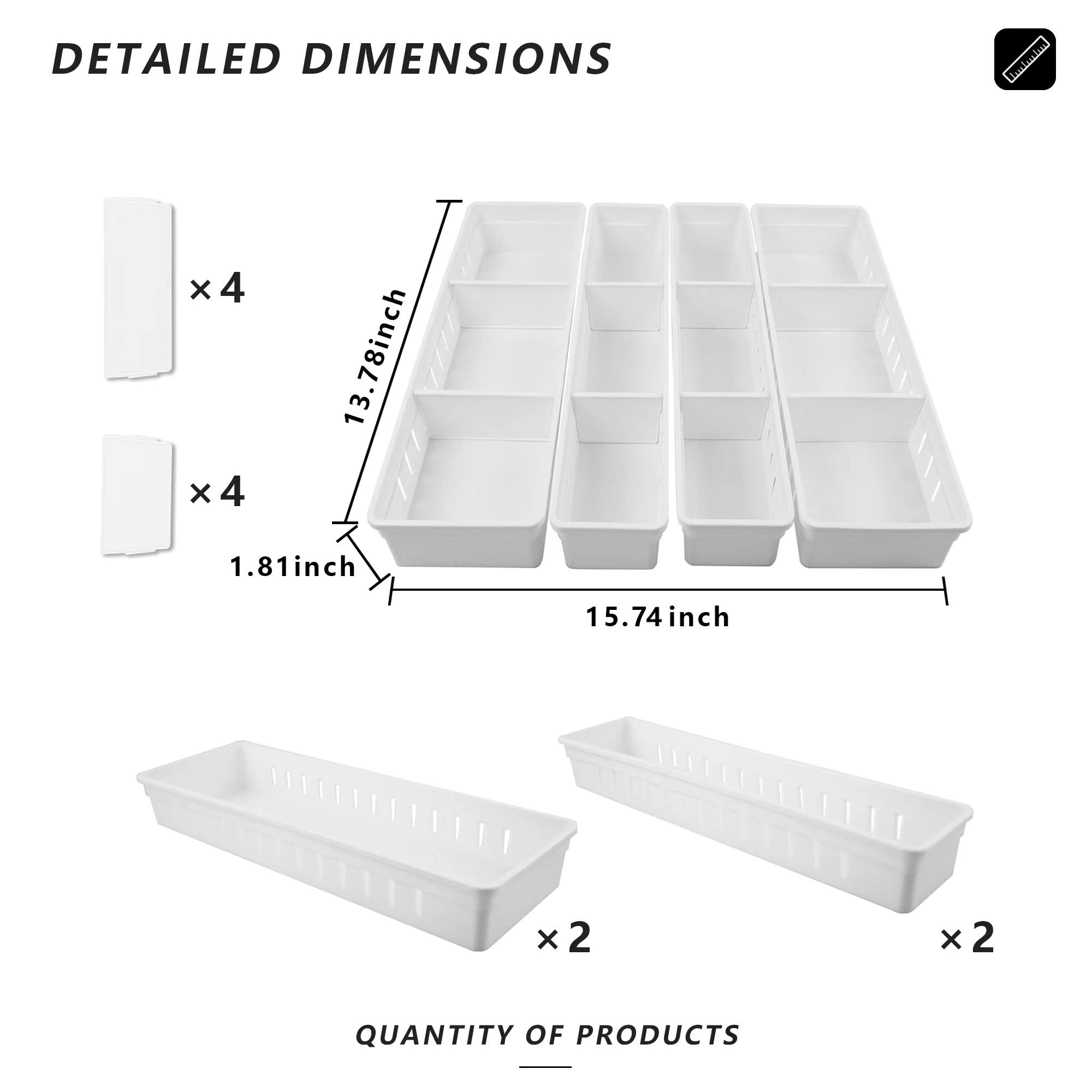 Sarajoye 4 - Piece Adjustable Flatware Cooking Utensil Organizer for Kitchen Drawers - Expandable 13 Slots Silverware Drawer Organizer Tray Holder for Organization Storage (2 Large + 2 Small, White)