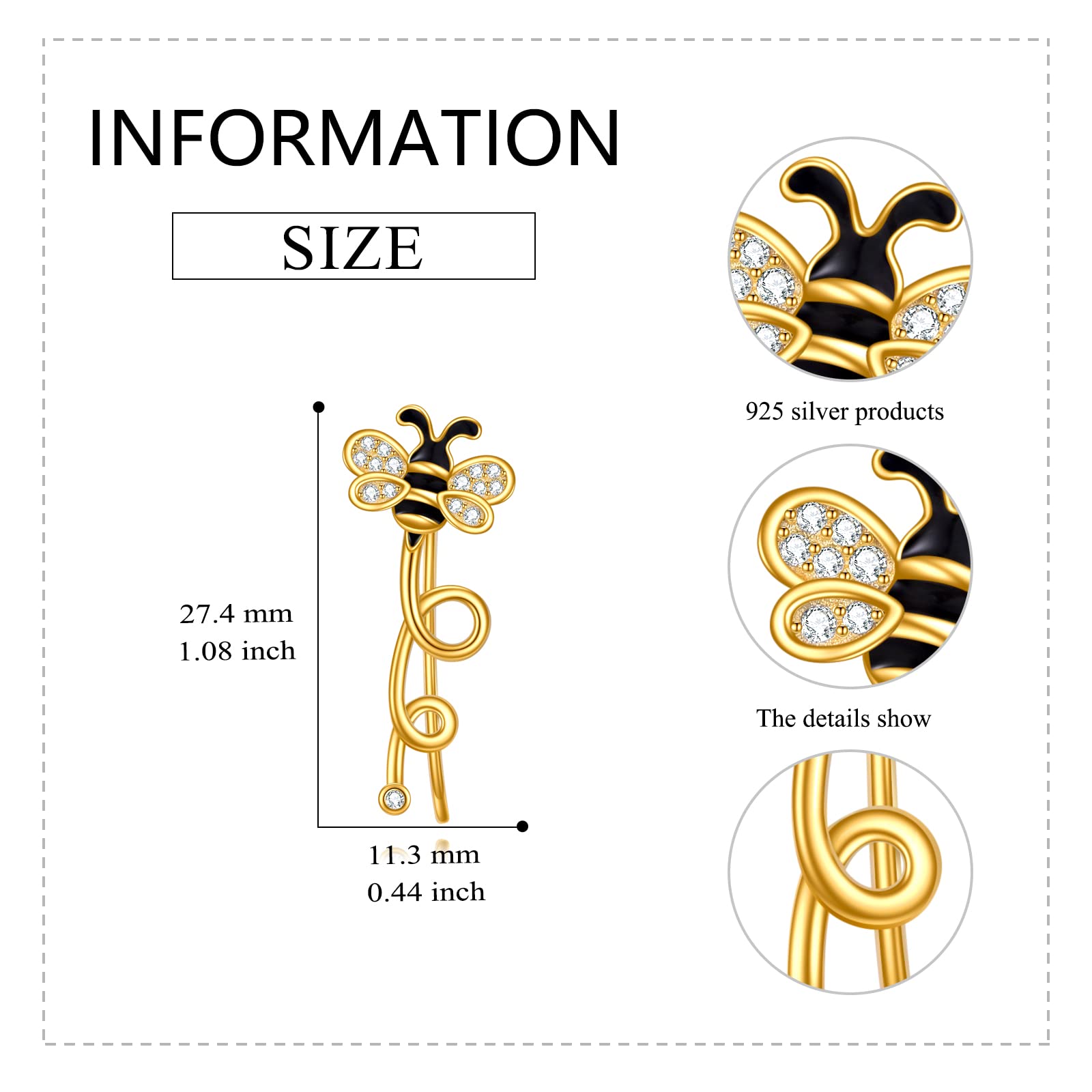 WTENIY Gold Plated Bumble Bee Earrings Jewelry for Women Sterling Silver Ear Climber Crawler Cuff Earrings
