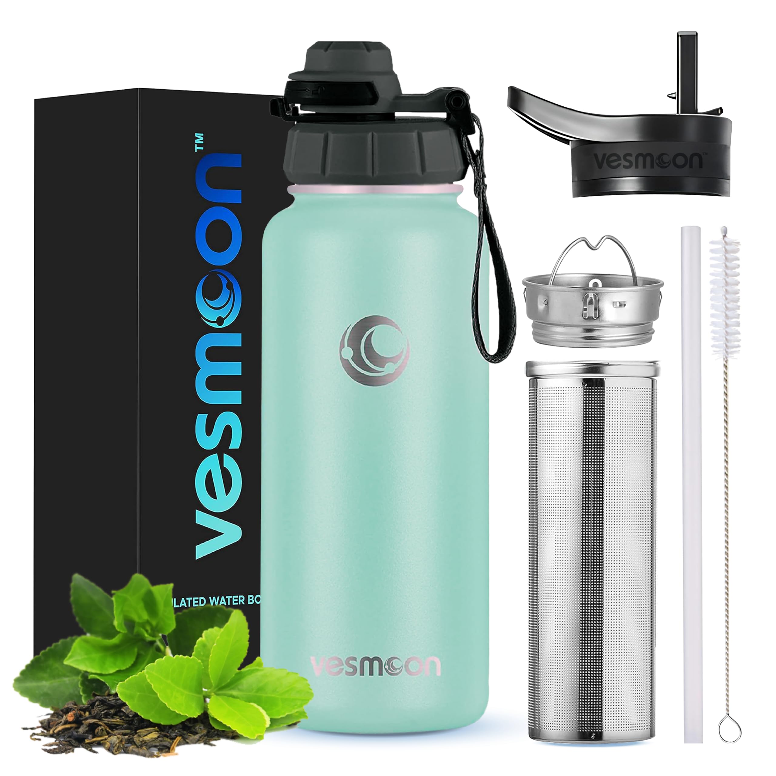 Vesmoon 32 Oz Tea Infuser Bottle - Insulated Water Bottle, Loose Leaf Tea Infuser with Straw & Chug Lid Tea Infuser Flask, Stainless Steel Tea, Coffee & Fruit Infuser Bottle - Leak Proof Roamer Series