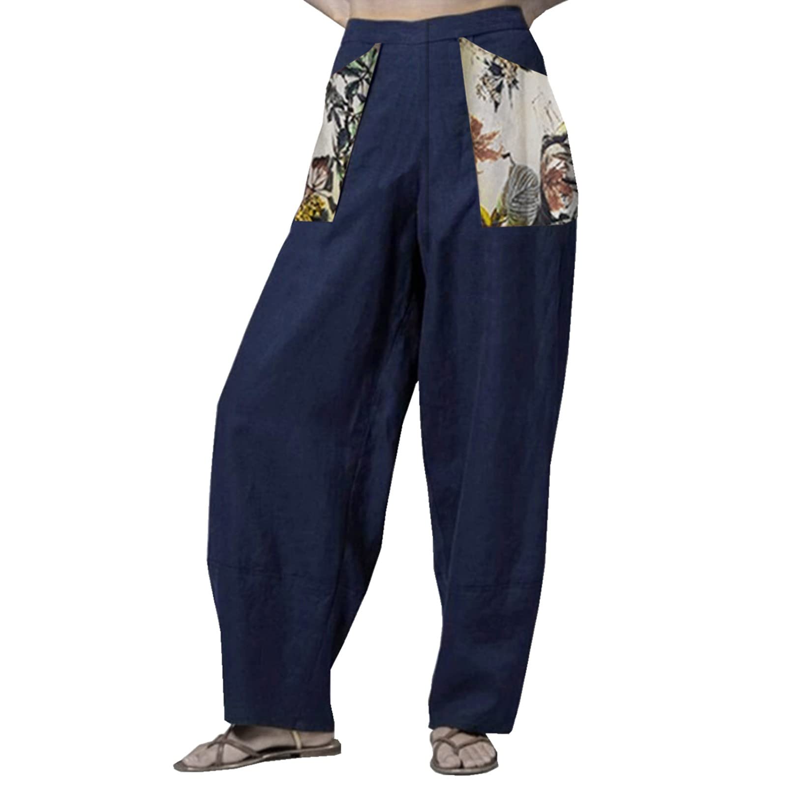 Womens Casual Printned Capri Pants Elastic Waist Summer Cropped Trousers with Pockets Plus Size Yoga (Dark Blue, L)