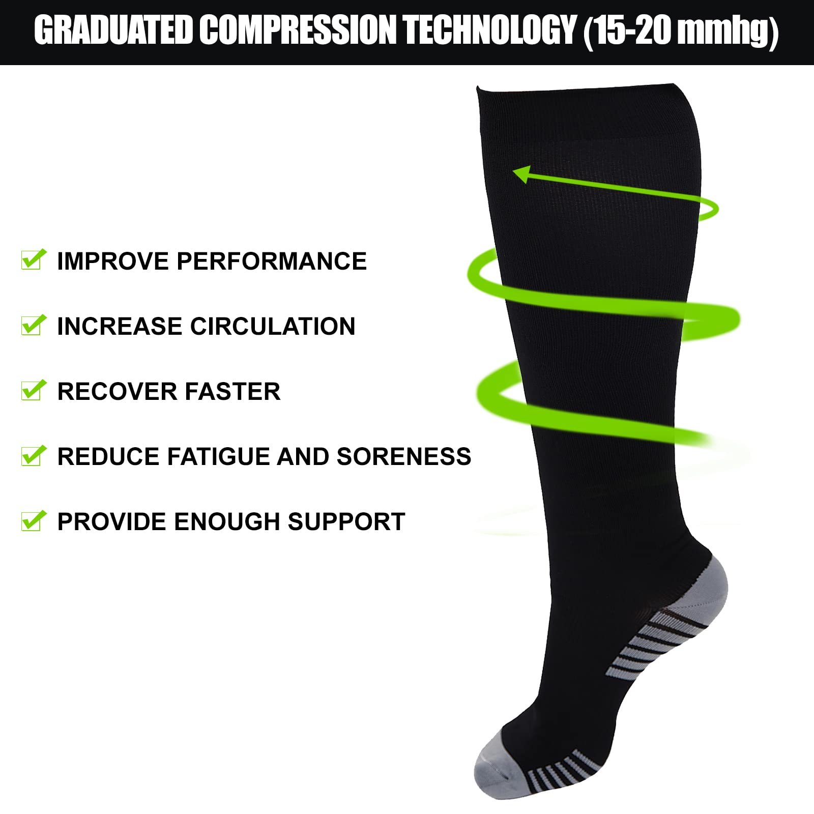 Wide Calf Compression Socks for Women & Men Plus Size 15-20 mmHg (Large, Black)