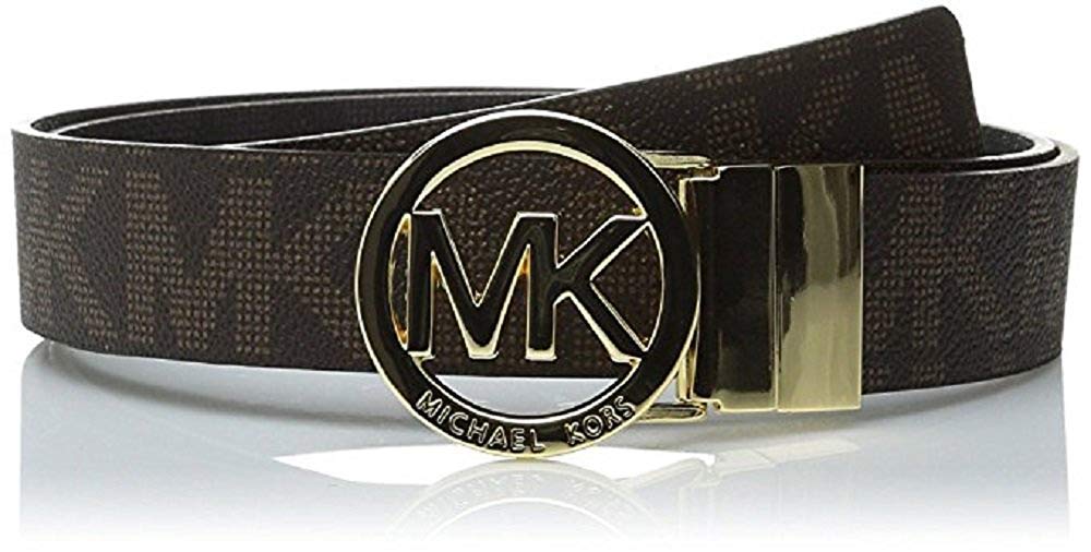 MICHAEL Michael Kors Reversible Belt with Gold-Tone MK Logo, Brown and Black, Large