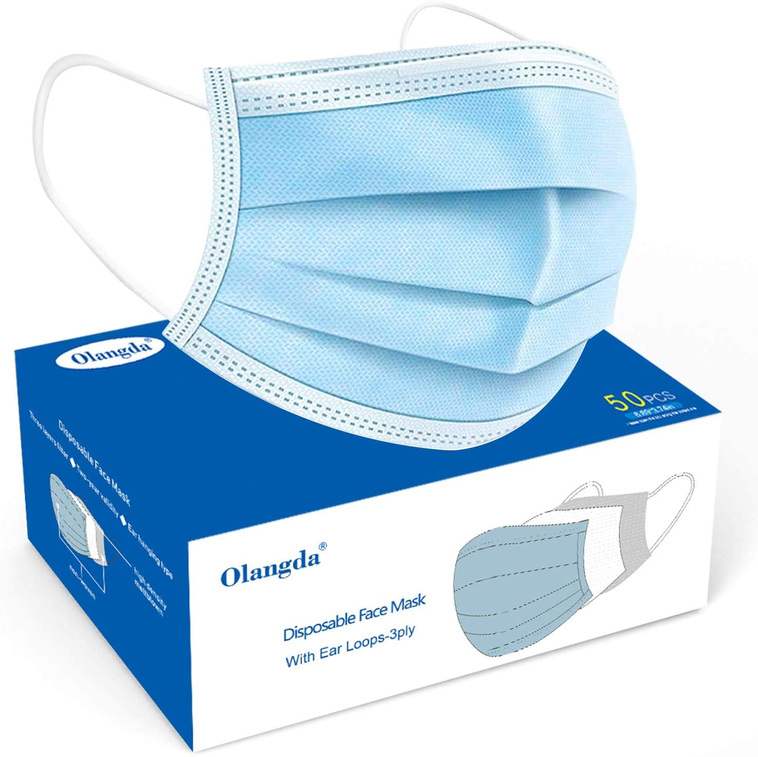 Olangda 50Pcs Disposable Face Masks with Elastic Earloop, 3 Ply Breathable and Comfortable Disposable Face mask