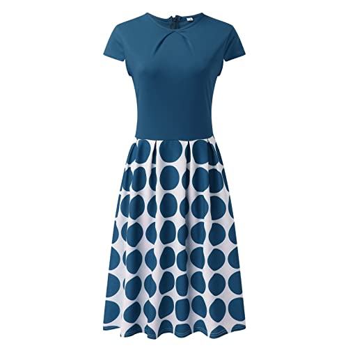 Womens Fashionable Round Neck Short Sleeved Waistband Silhouette Vintage Polka Dot Patchwork Dress