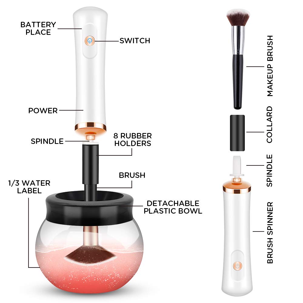 Makeup Brush Cleaner Dryer, Makeup Brush Cleaner Machine with 8 Rubber Collars, Wash and Dry in Seconds, Deep Cosmetic Brush Spinner for All Size Brushes