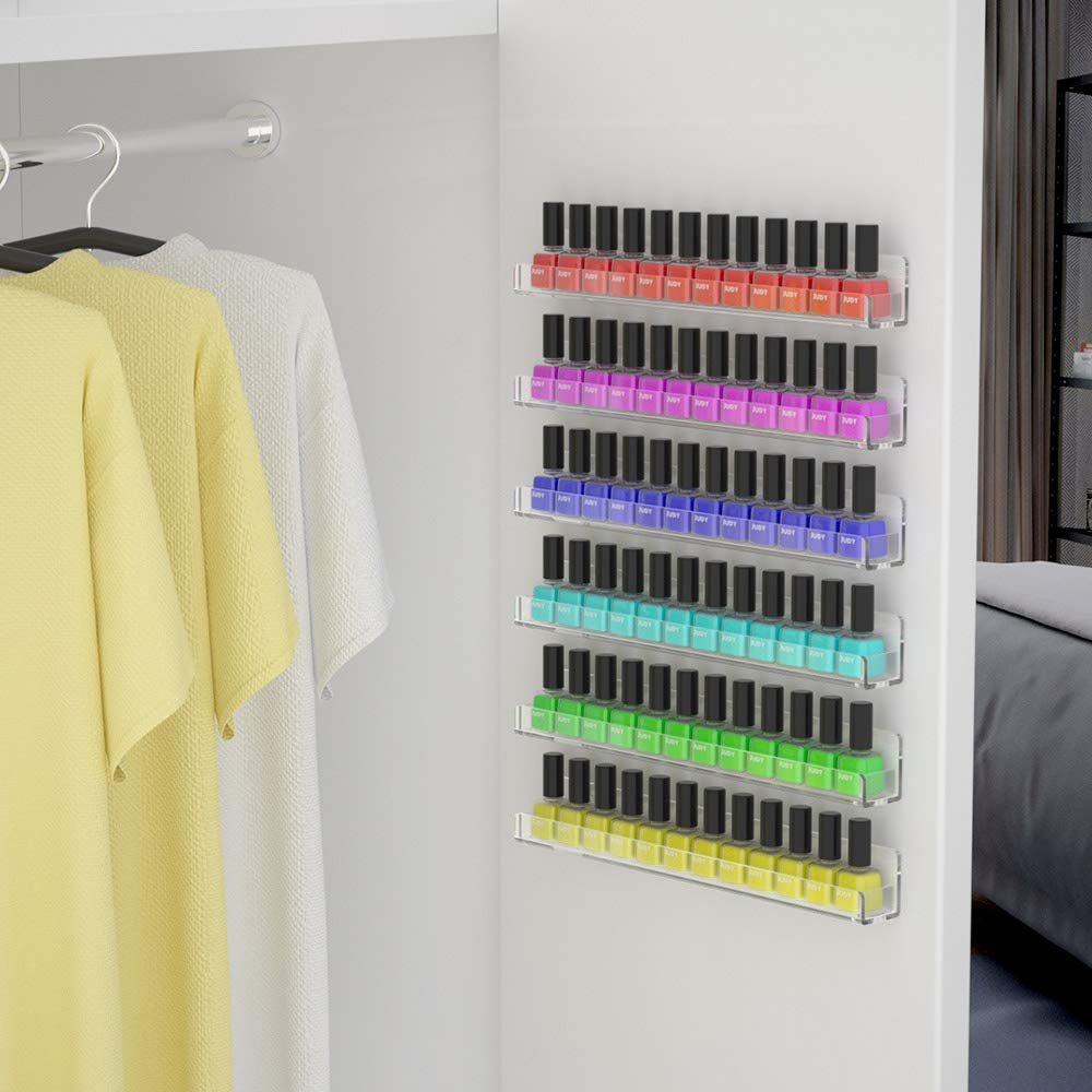 NIUBEE 2 Pack Nail Polish Rack Wall Mounted Shelf with Removable Anti-slip End Inserts, Clear Acrylic Nail Polish Organizer Display 30 Bottles
