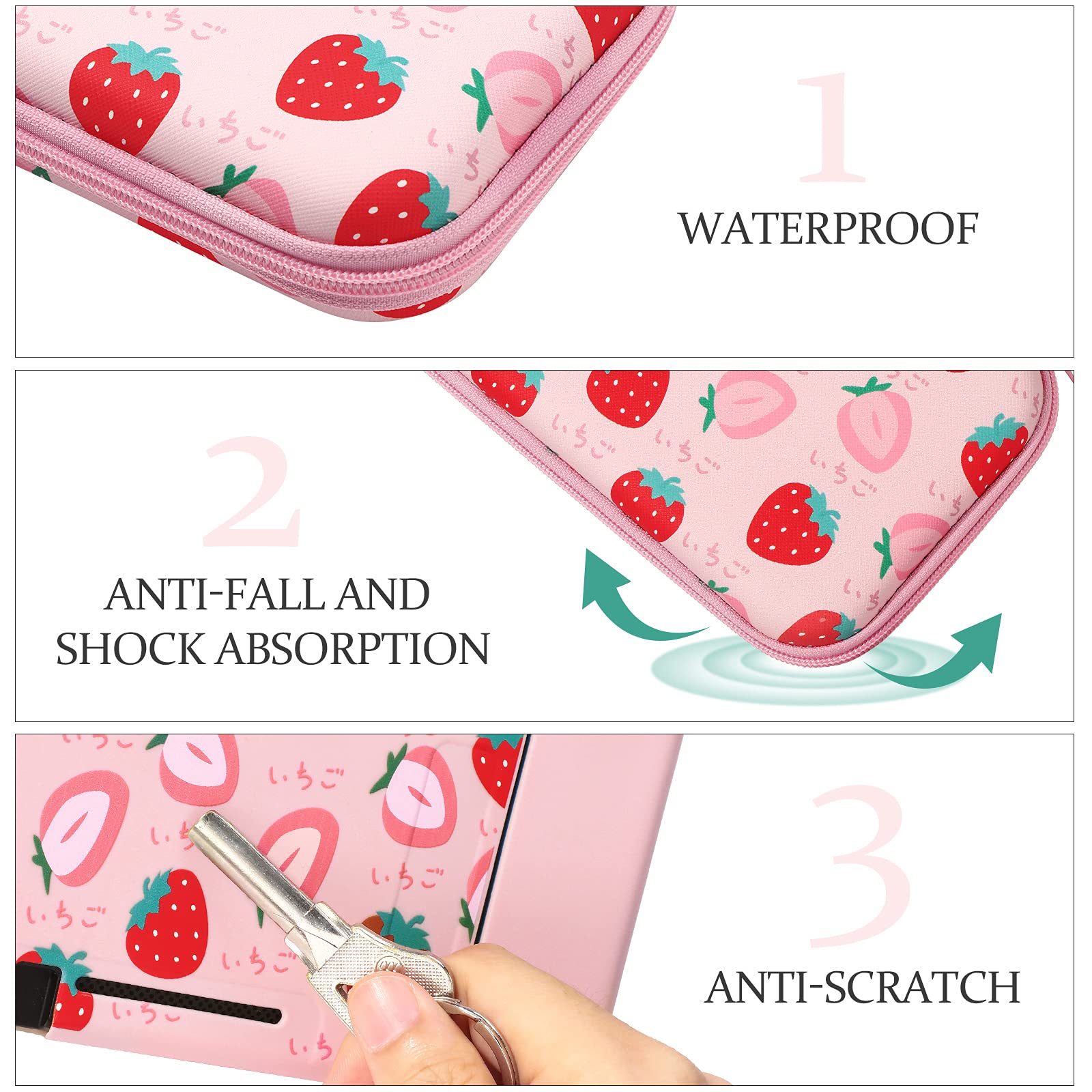 Pink Strawberry Pattern Protective Case and Carrying Case Compatible with Nintendo Switch, Soft Slim Case Cover for Console and Controllers, Hard Shell Travel Carrying Bag with 12 Game Card Slots