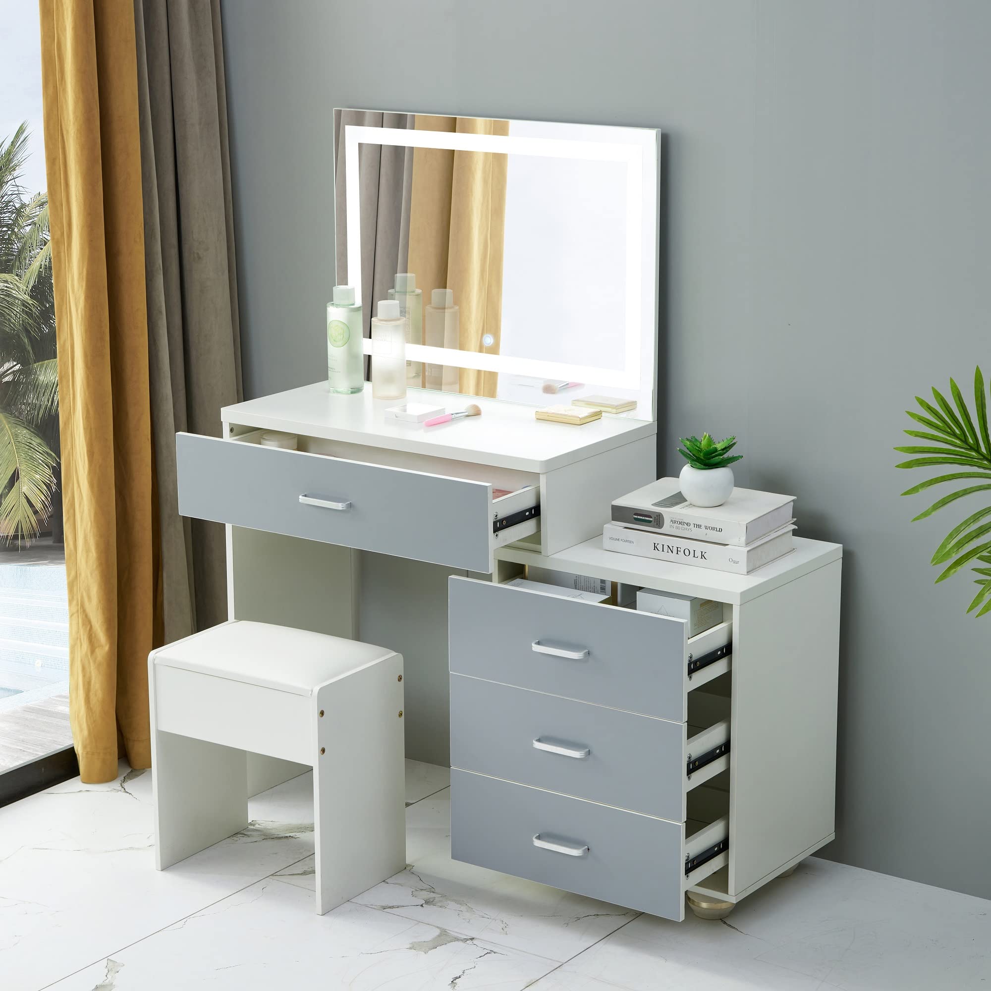 meolanov Vanity Makeup Dressing Table Stool Set, Modern Dressing Table Makeup Desk with LED Touch Light Mirror Drawers Shleves Stool(46.5'' L*13.7''W*49''H) White (012)