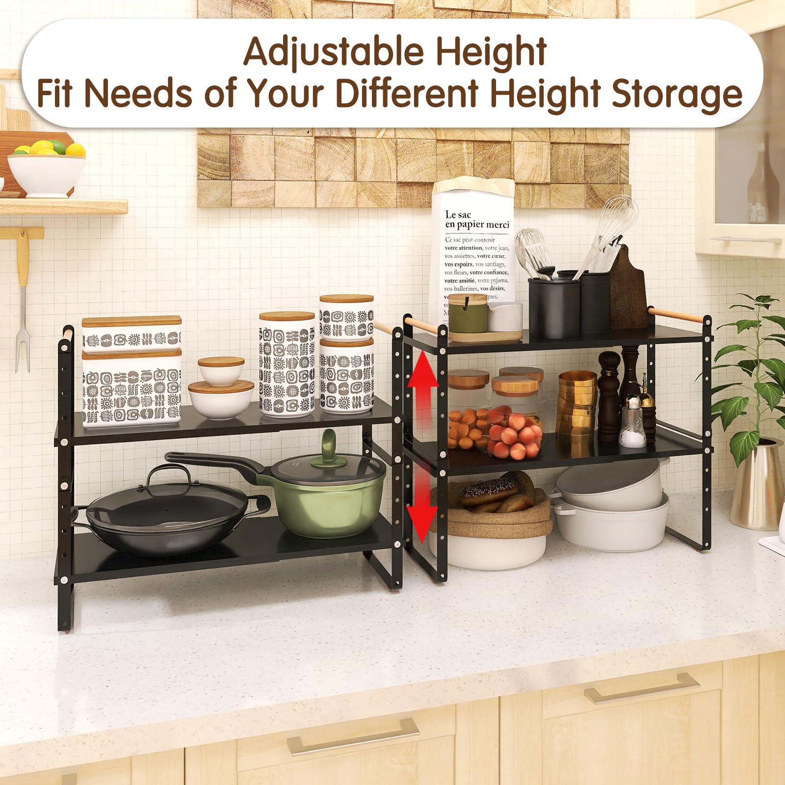 RUILALIFE Expandable Shelf Organizer for Kitchen Countertop,Adjustable Cabinet Shelf Organizers,Stackable Kitchen Counter Shelf Rack,Tiered Risers Shelves for Storage Pantry