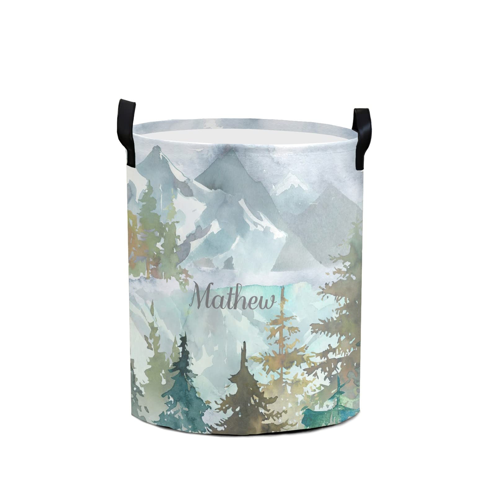 Woodland Pine Trees Mountain Personalized Laundry Basket ,Custom Foldable Storage Bins Laundry Hamper for Nursery Pet Toys Clothes