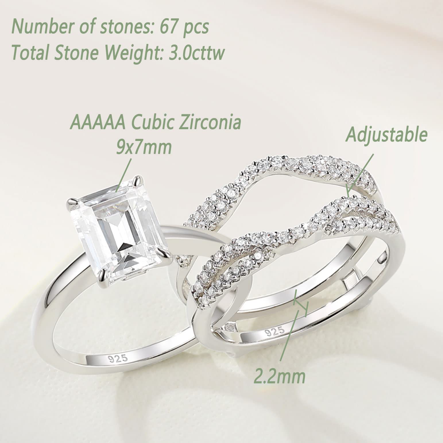 Wuziwen Bridal Ring Enhancer for Emerald Cut Engagement Rings For Women CZ Sterling Silver Size 7