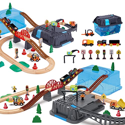 TOOKYLAND Wooden Train Track Set with Dual-use Storage Box,with Wooden Train Sets for Boys Fits Thomas and More