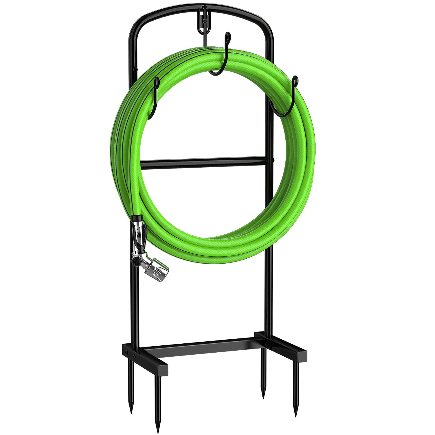 Venkuber Garden Hose Holder, Freestanding Water Hose Stand with Hanger Hooks Hose Rack for Yard Outside, Black