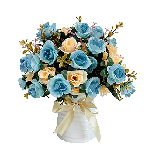 LY EMMET Artificial Rose Bouquets with Ceramics Vase Fake Rose Flowers Decoration for Table Home Office Wedding-Blue